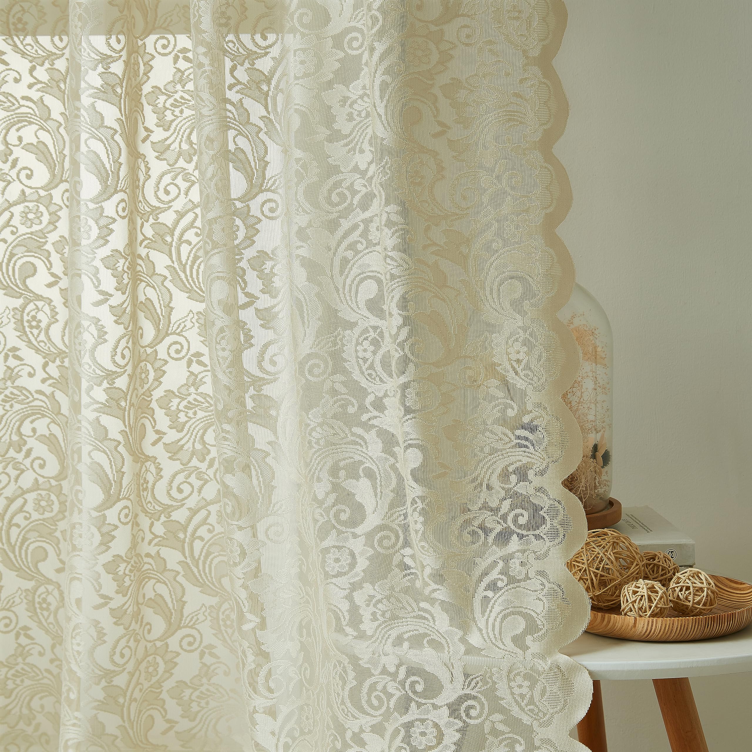Amazon.com: Bujasso Beige Sheer Lace Curtains 63 inch Vintage Floral ...