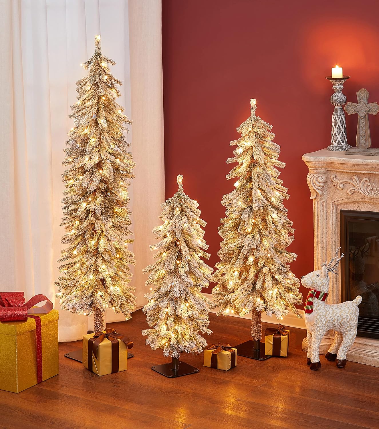 LuxenHome Set of 3 Christmas Trees, Flocked Fir Slim Christmas Tree Pre ...