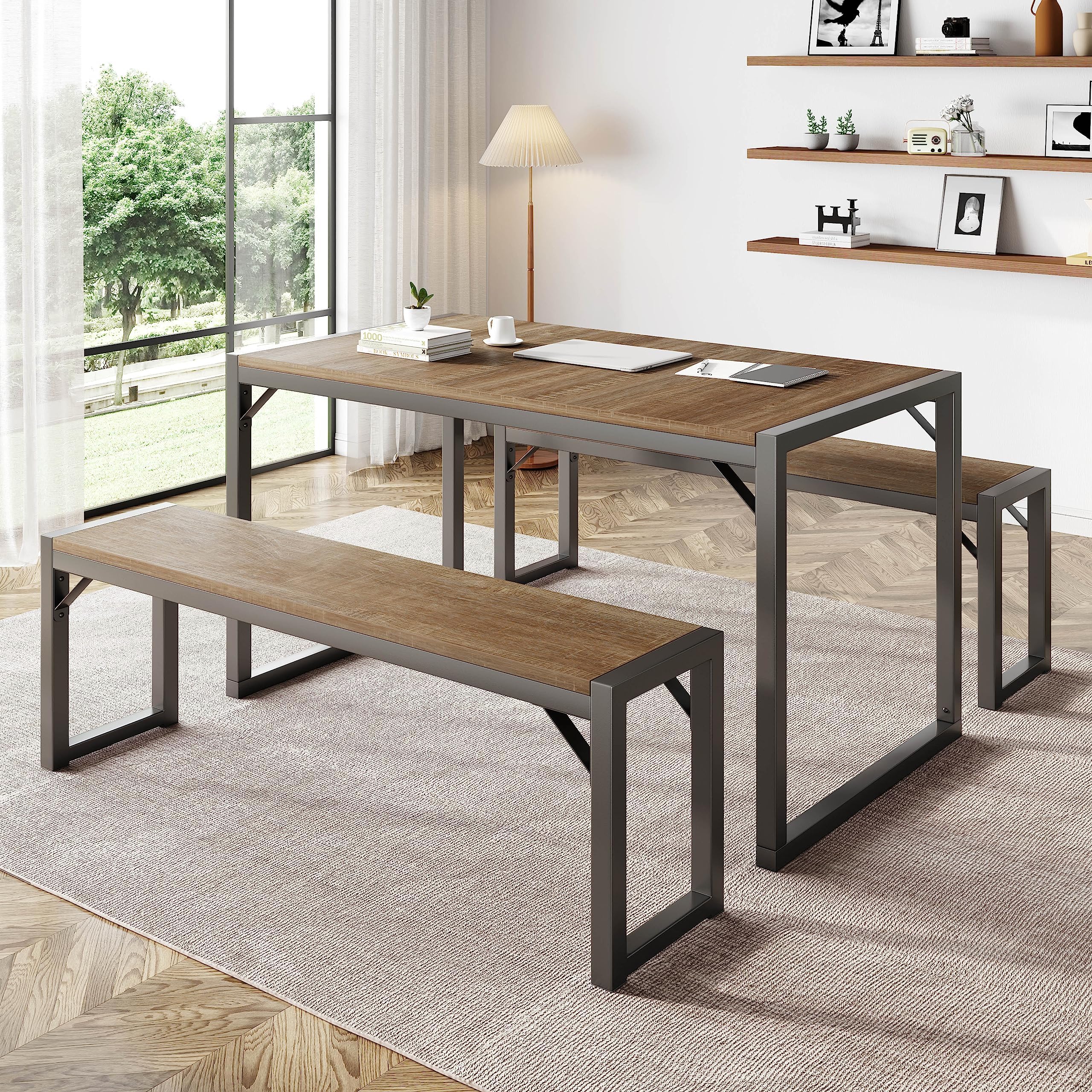 Amazon.com - BAHOM 45.5in 3-Piece Dining Table with 2 Benches, Space ...