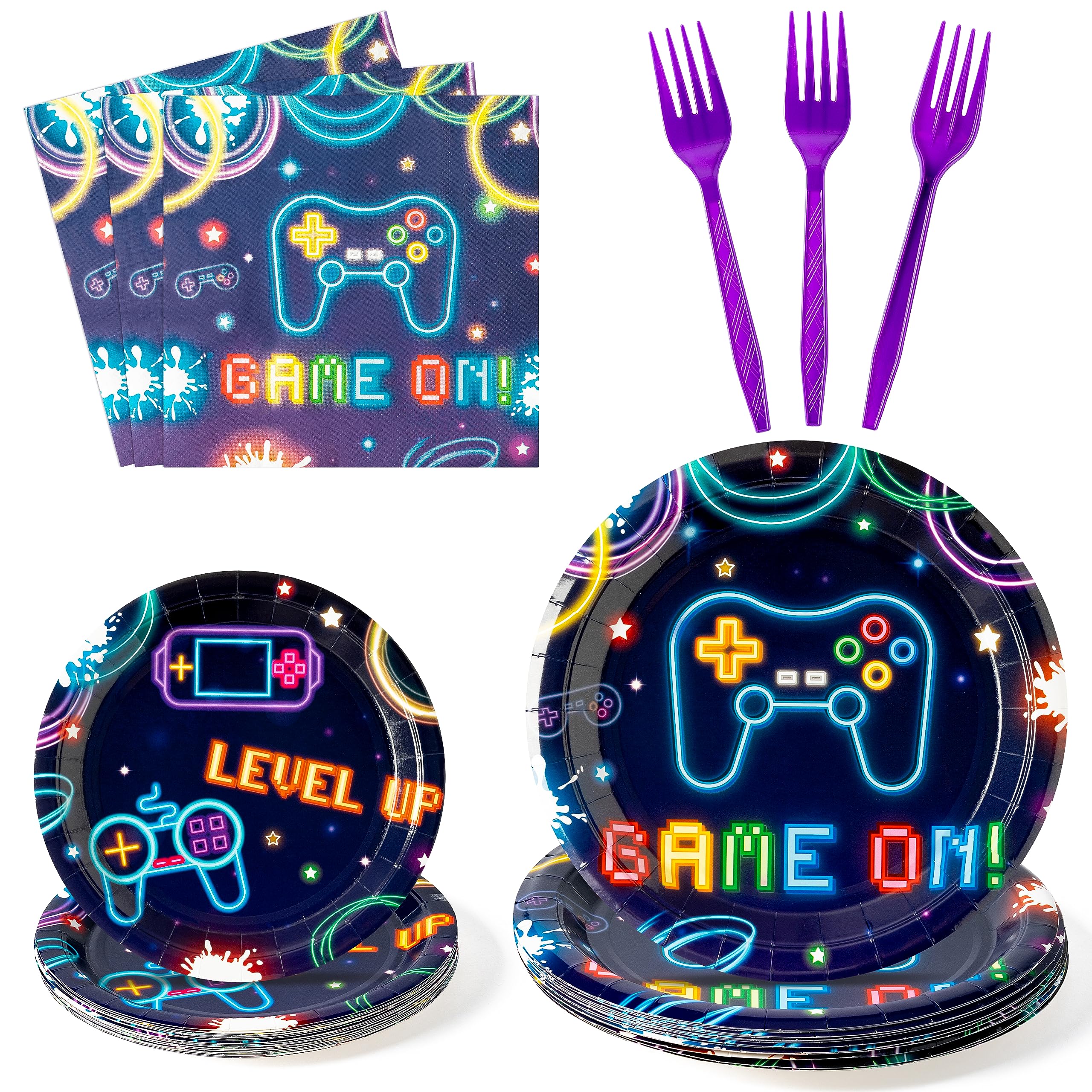 Amazon.com: G1ngtar 96Pcs Video Game Party Plates Supplies Neon Game On ...