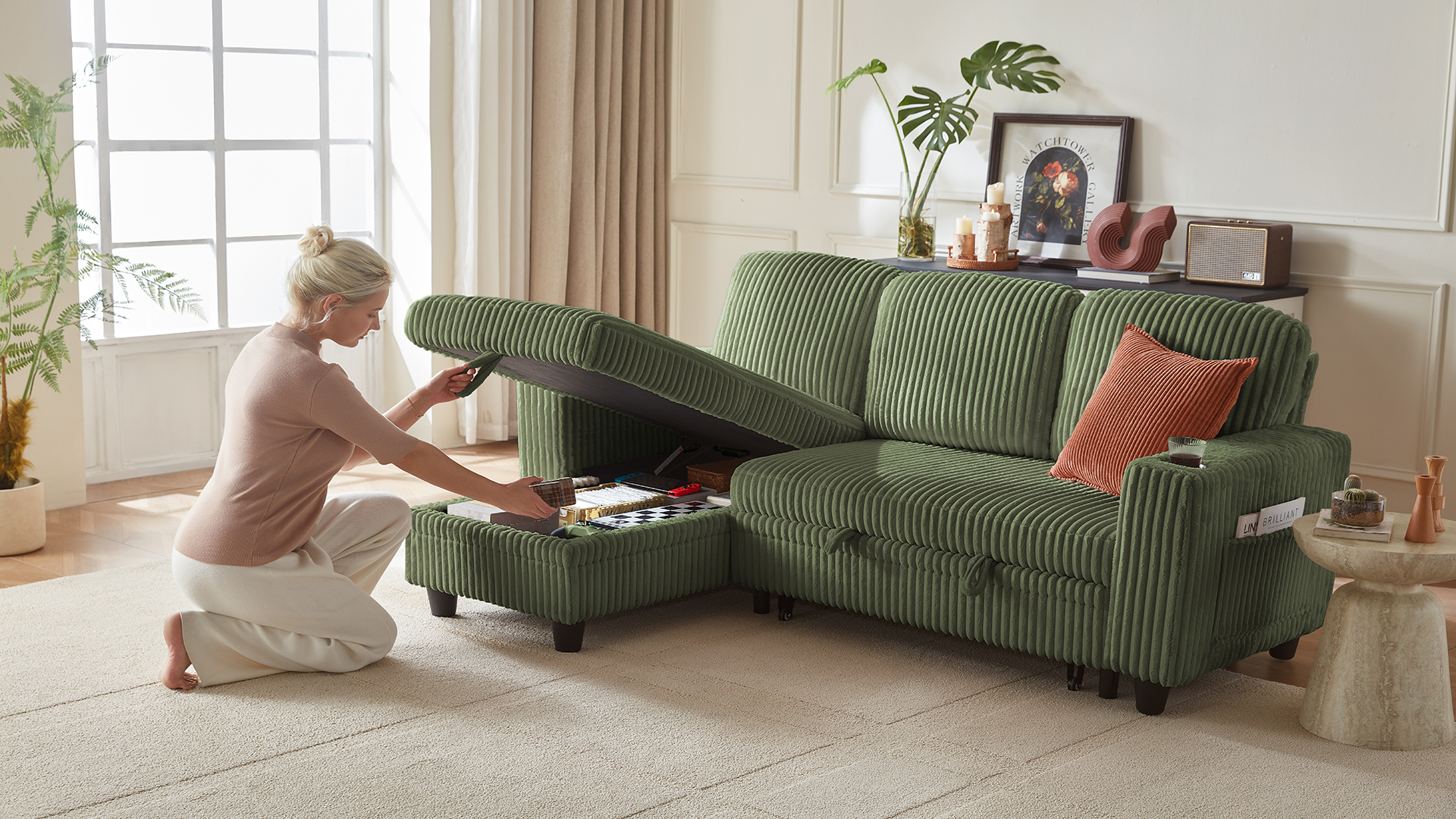 Watch Comfy Plush Corduroy Sectional Sofa with Pull Out Couch Bed on ...