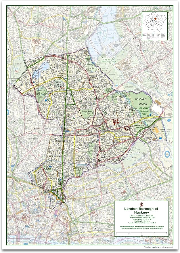 London Borough Map - Hackney - Size A0-84.1 x 118.9cm - Paper Laminated ...