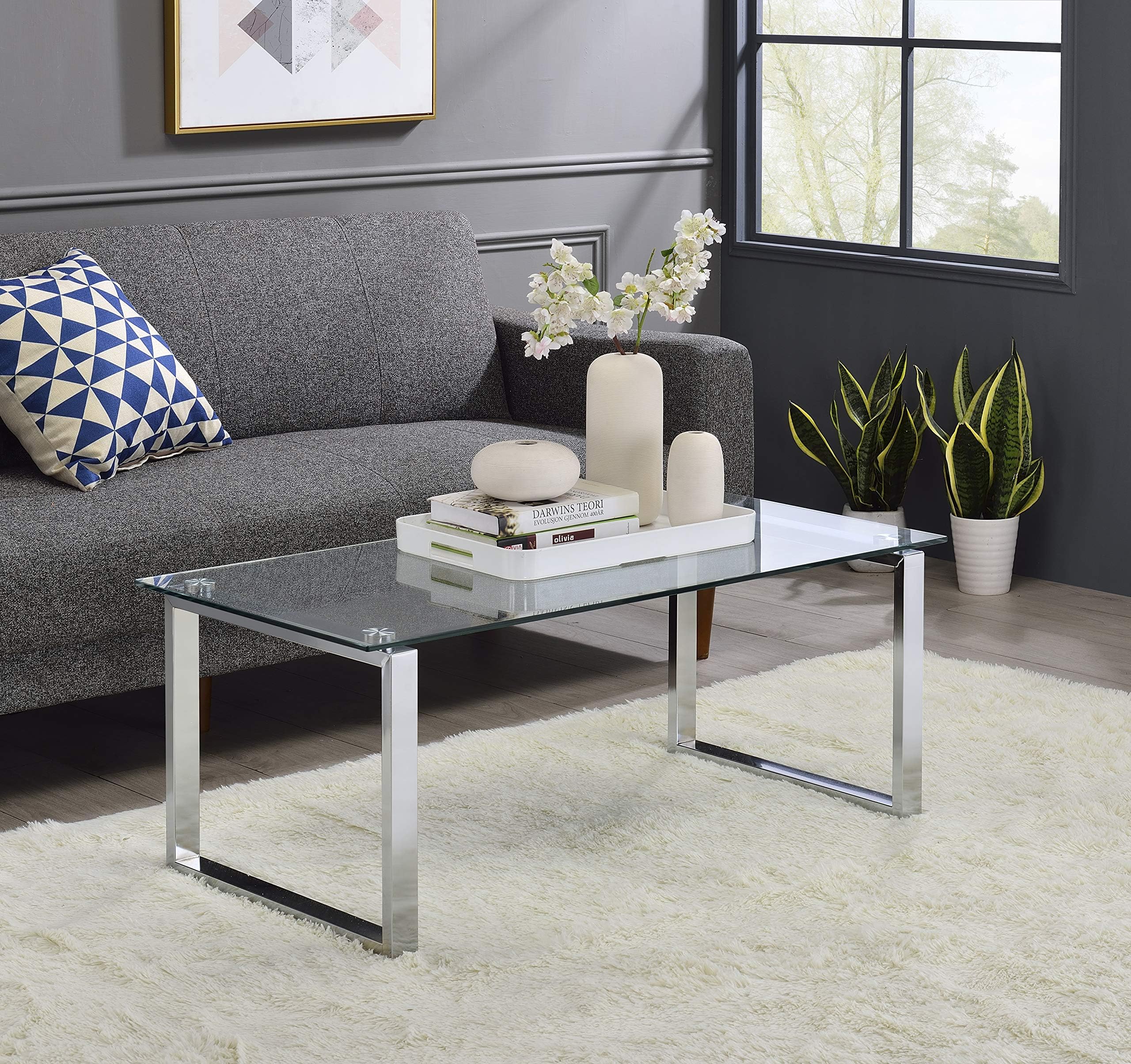 Amazon.com: Rectangle Modern Coffee Table, Tempered Glass Top and Metal ...