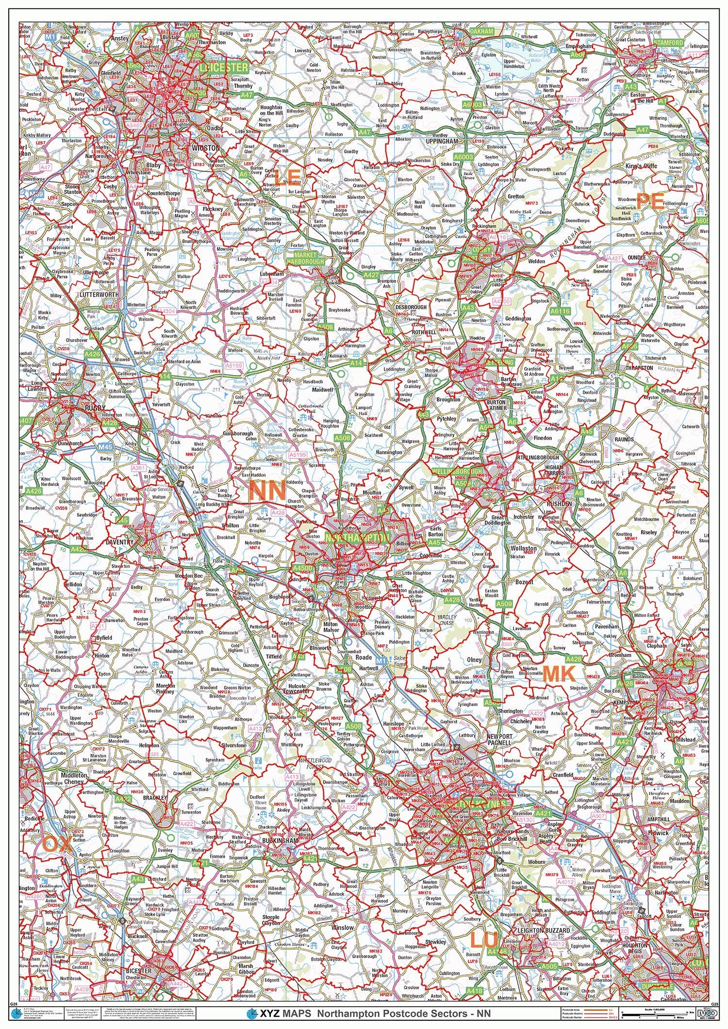 Northampton - NN - Postcode Wall Map - Paper : Amazon.co.uk: Stationery ...