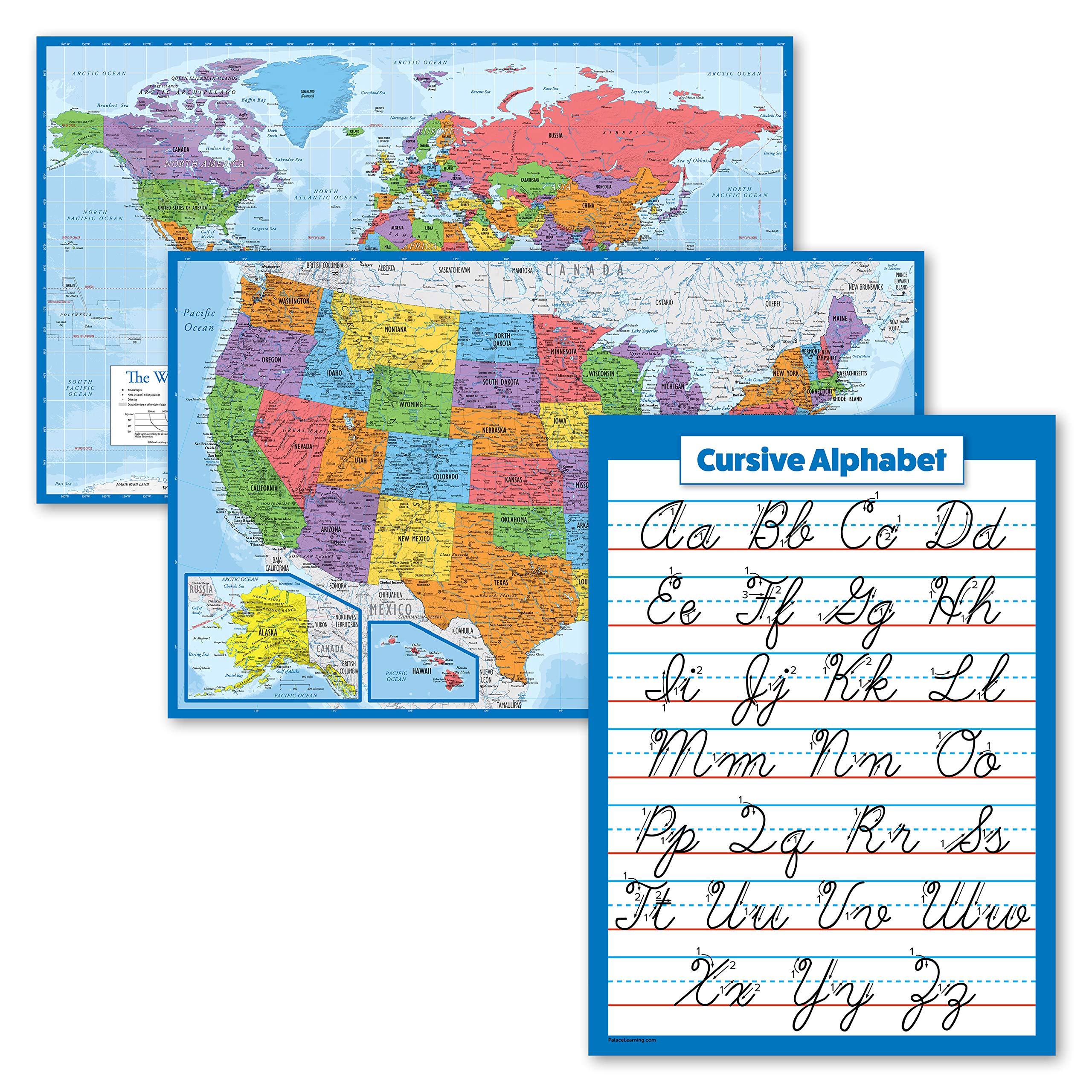 Buy 3 Pack - World & USA Set [Blue Ocean] + Cursive Handwriting ABC ...