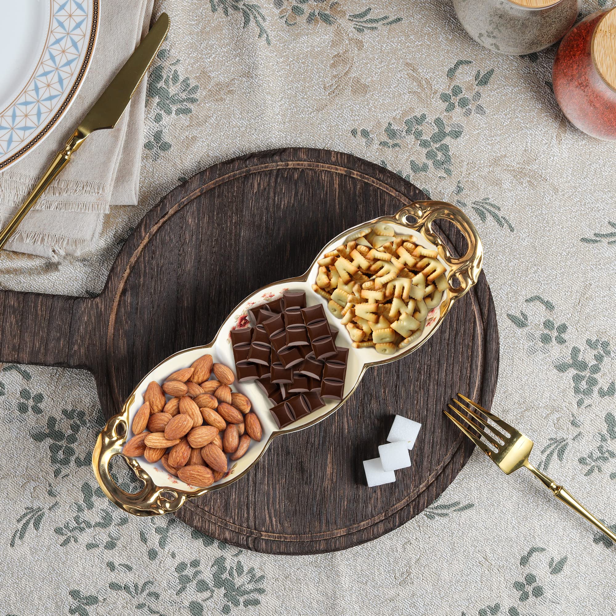 Snapklik.com : Fanquare Gold Porcelain Snack Bowl, Floral 3 Compartment ...