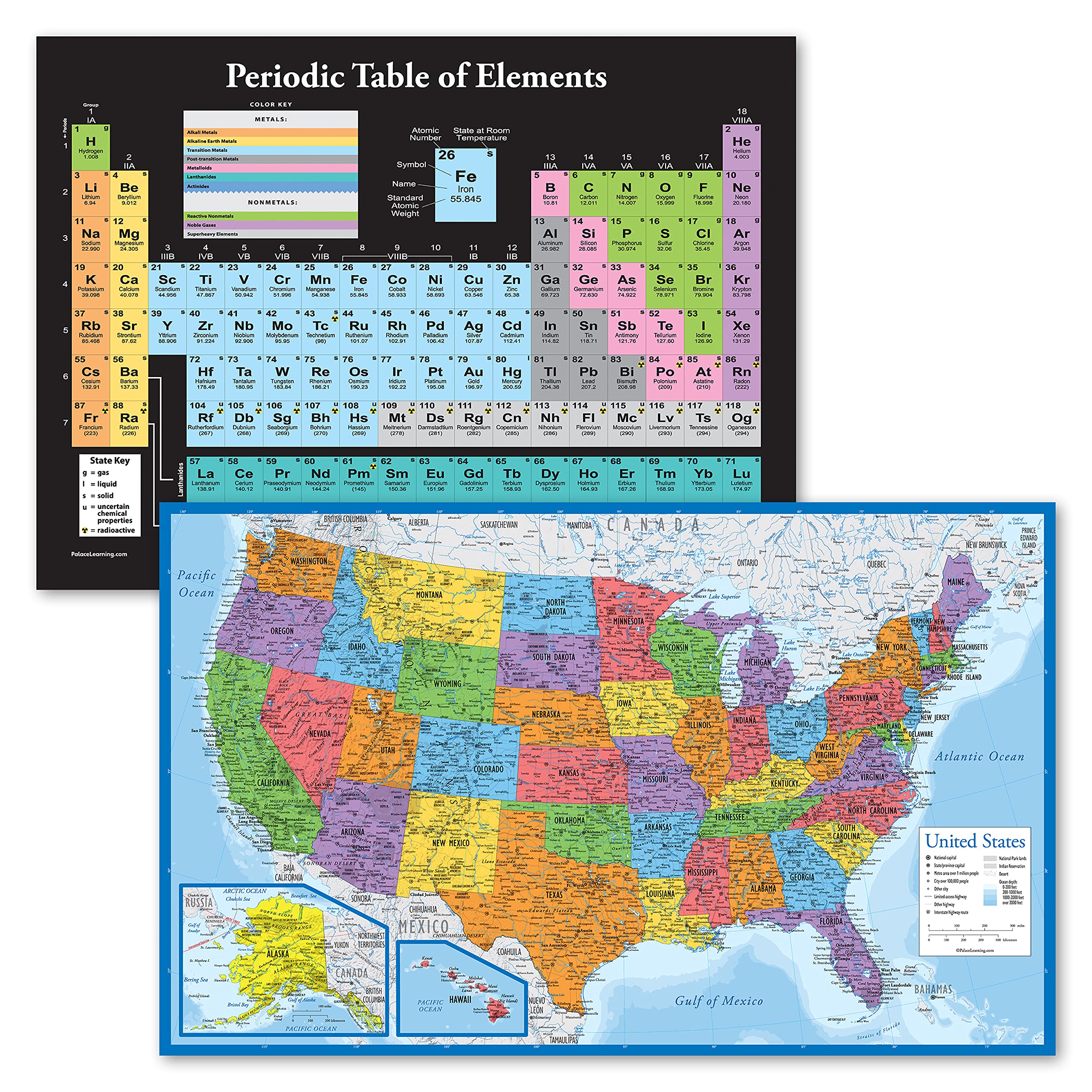 Buy 2 Pack - Periodic Table of the Elements [Black] & USA Chart [Blue ...