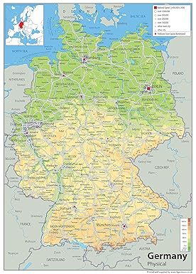 Physical Map of Germany - Size A1-59.4 x 84.1cm - Paper Laminated ...