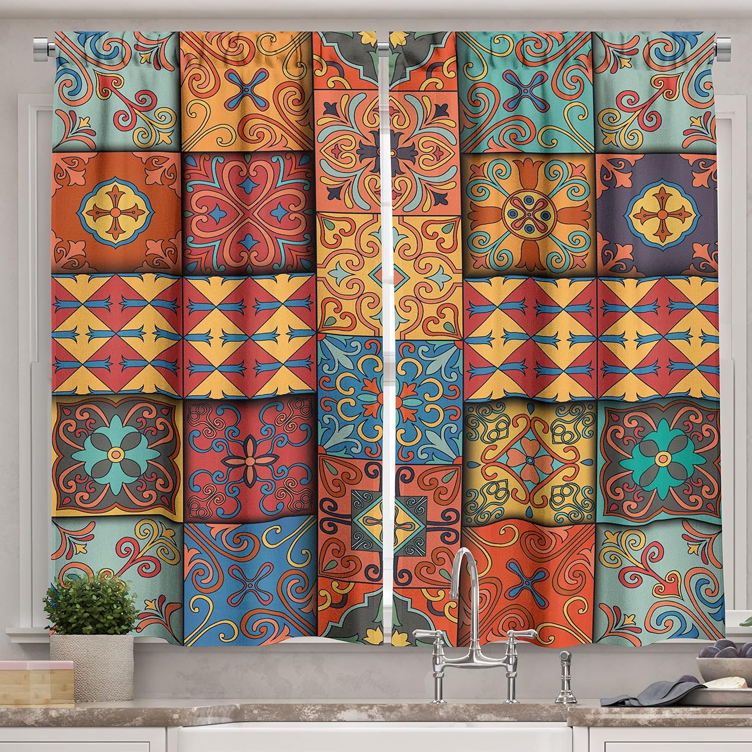 Amazon.com: Ambesonne Talavera Kitchen Curtains, Colorful Dimensional ...