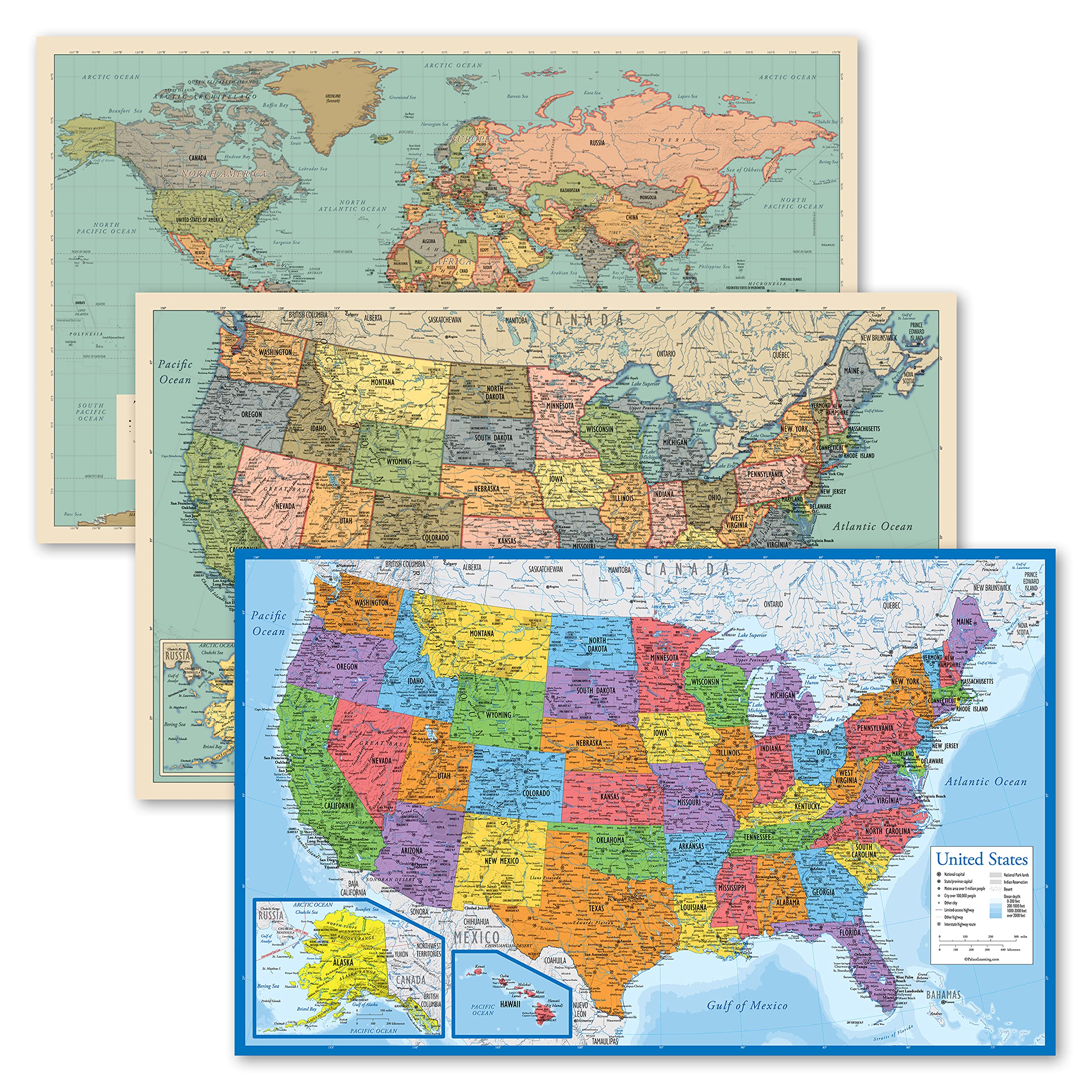Buy 3 Pack - World & USA Chart [Tan/Color] + USA [Blue Ocean ...