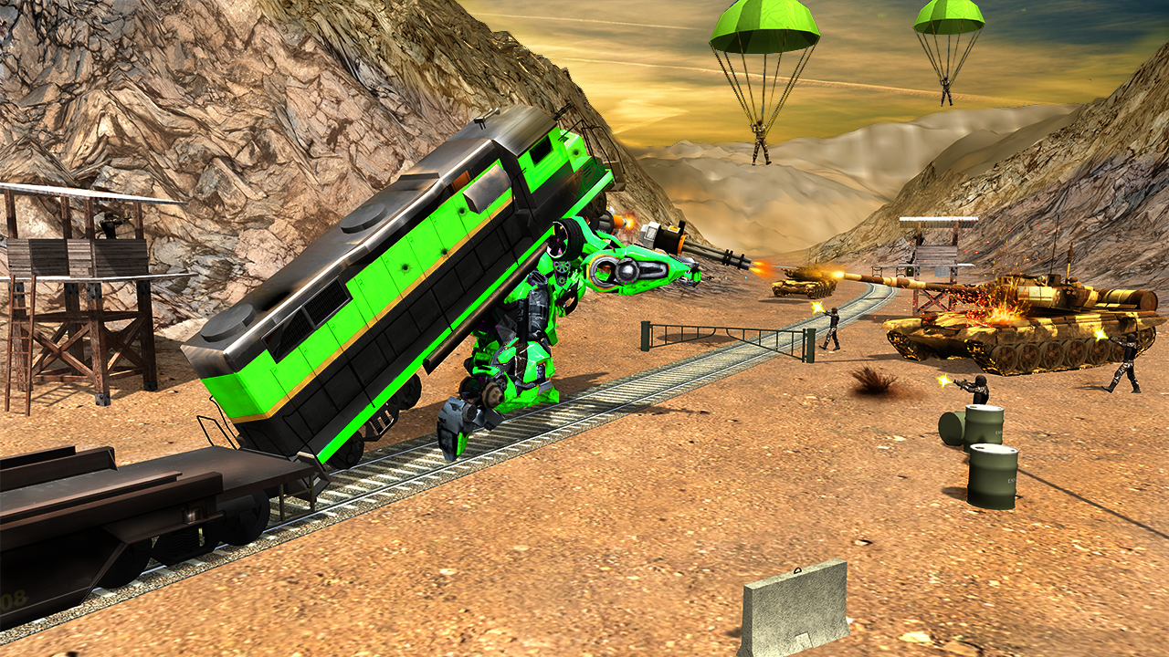 Army Train Robot Transformation War Attack; Robot Fighting War Zone ...