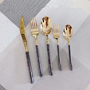 Amazon.com | 50pcs Black-Gold Silverware Set for 10 Hammered Handle ...