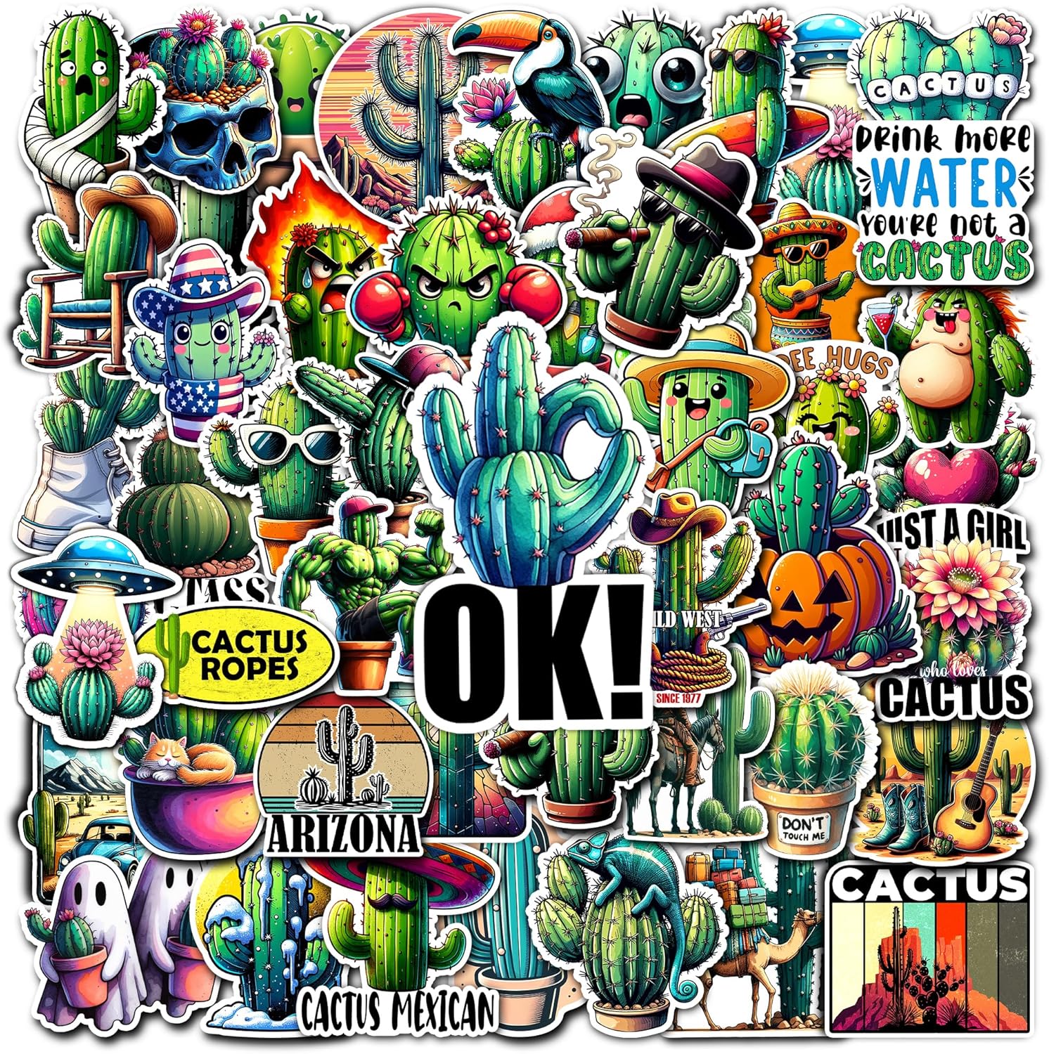 Amazon.com: WESILY Pack 50 PCS Green Cactus Stickers Cute Waterproof ...