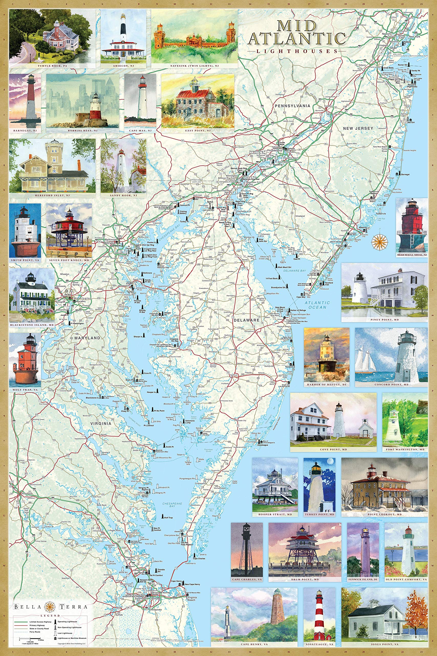 Mid-Atlantic Lighthouses: Illustrated Map & Guide Laminated Poster ...