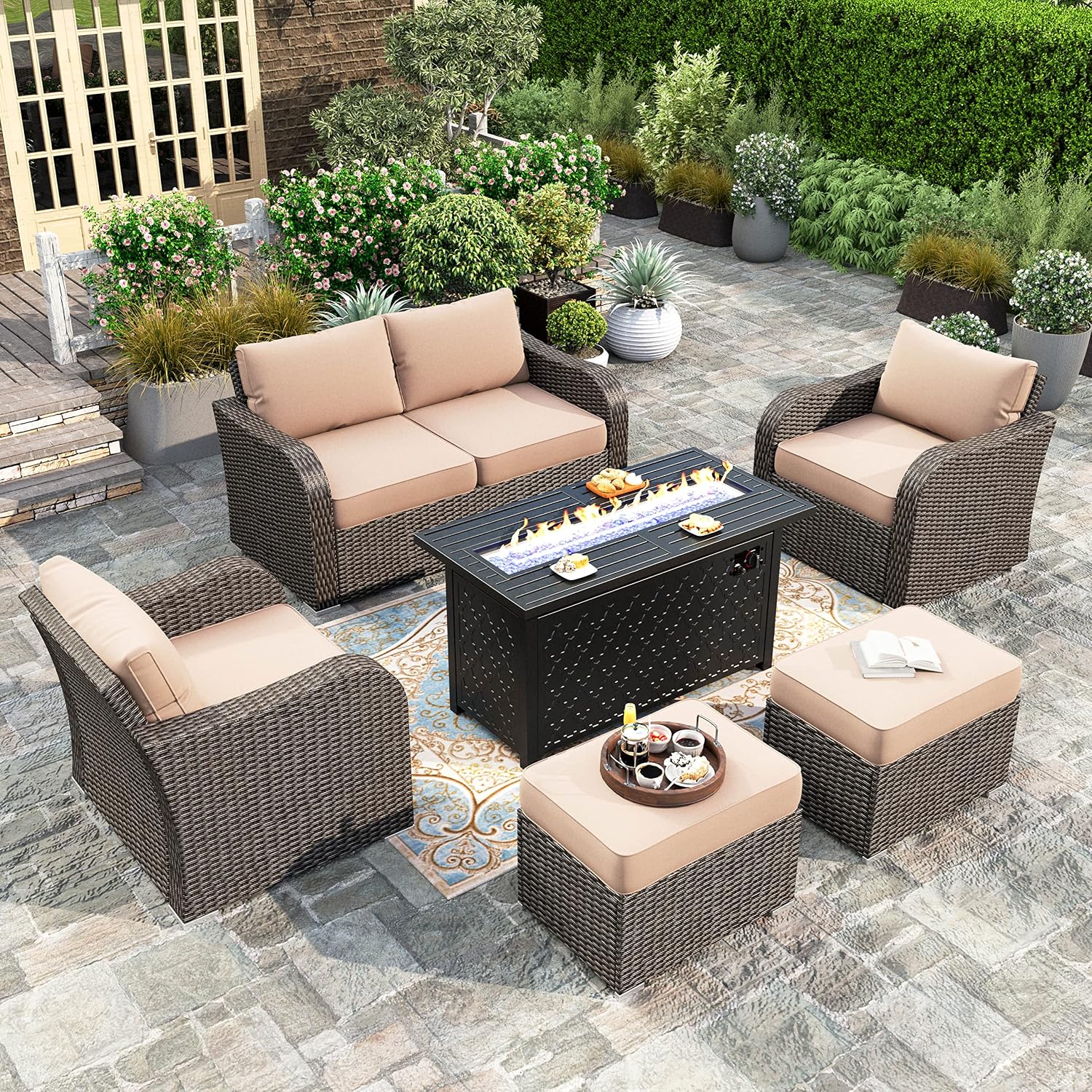 Amazon.com: HERA'S HOUSE 6 Pieces Wicker Patio Furniture Set with Fire ...
