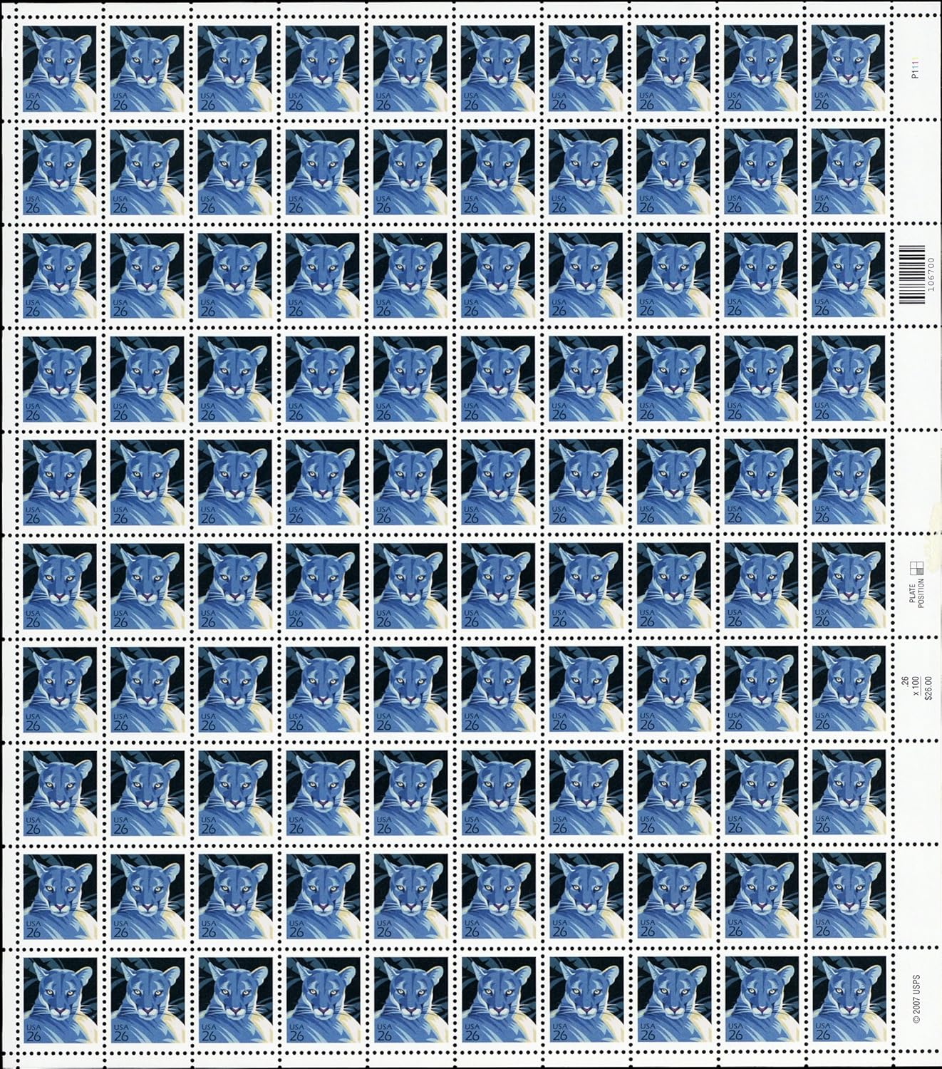 Amazon.com: 2007 26 Cent Florida Panther Full Sheet of 100 Postage ...