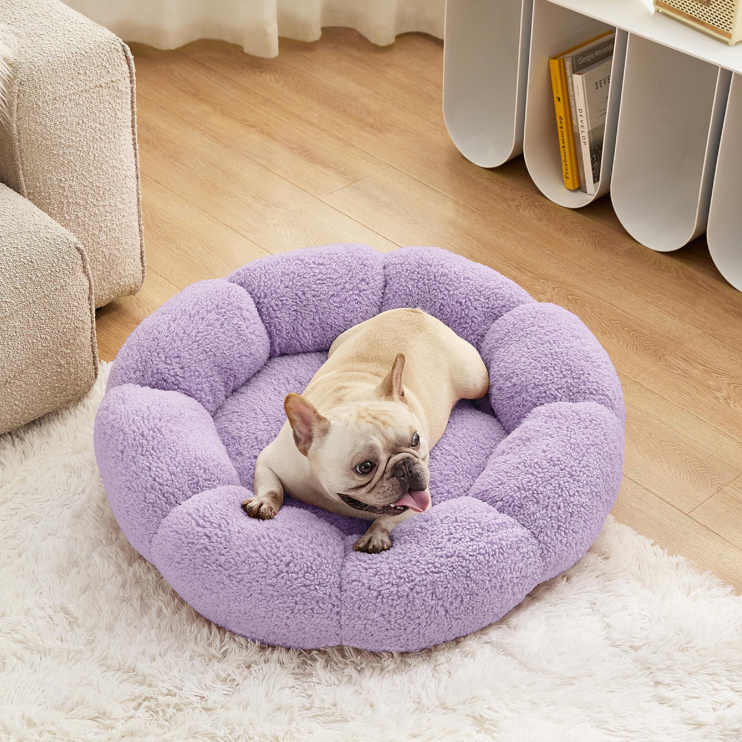 Lesure Calming Medium Dog Bed - Flower Donut Round Fluffy Puppy Bed in ...