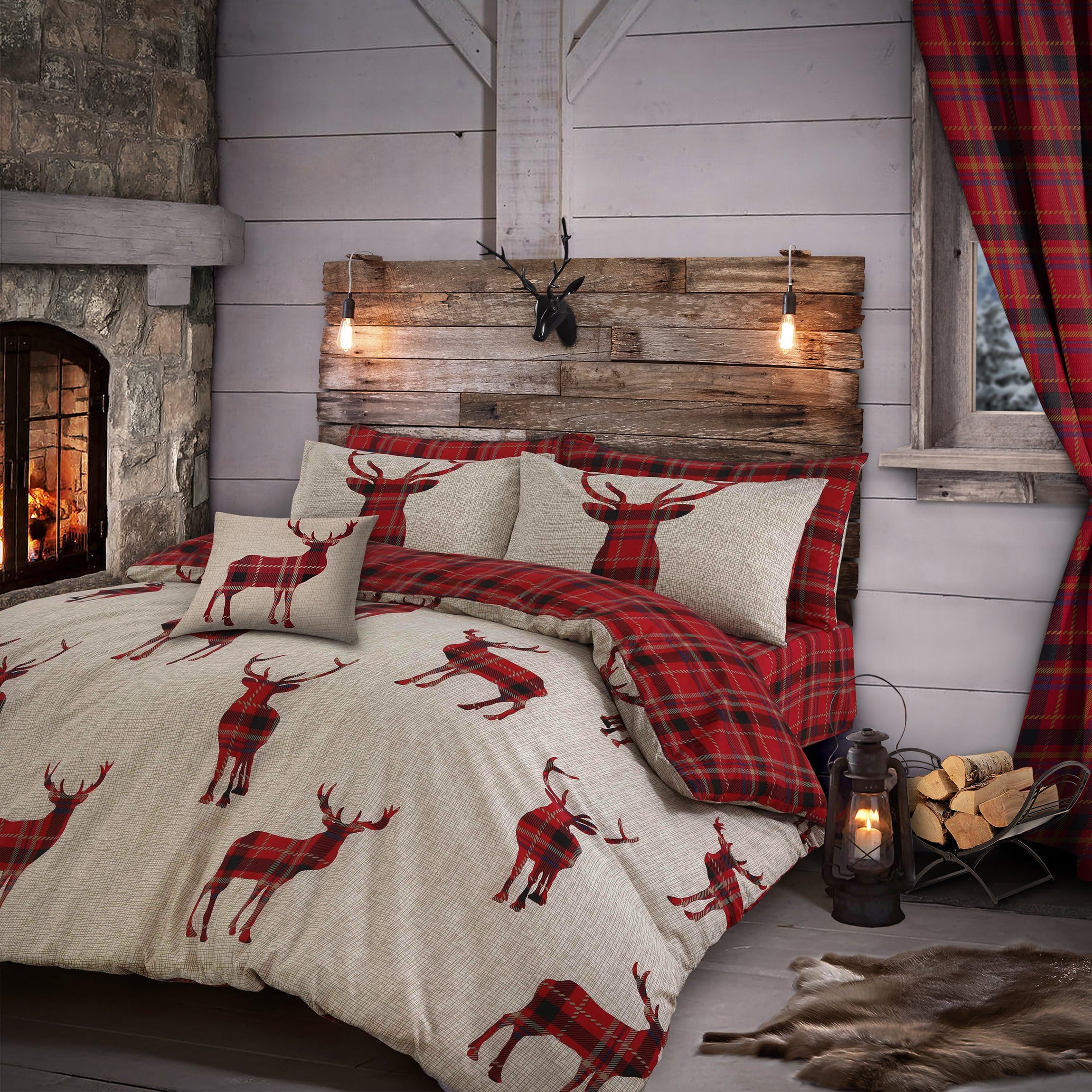 Tartan Check Stag Rein Deer Duvet Quilt Cover 3 pieces, Double Bedding ...
