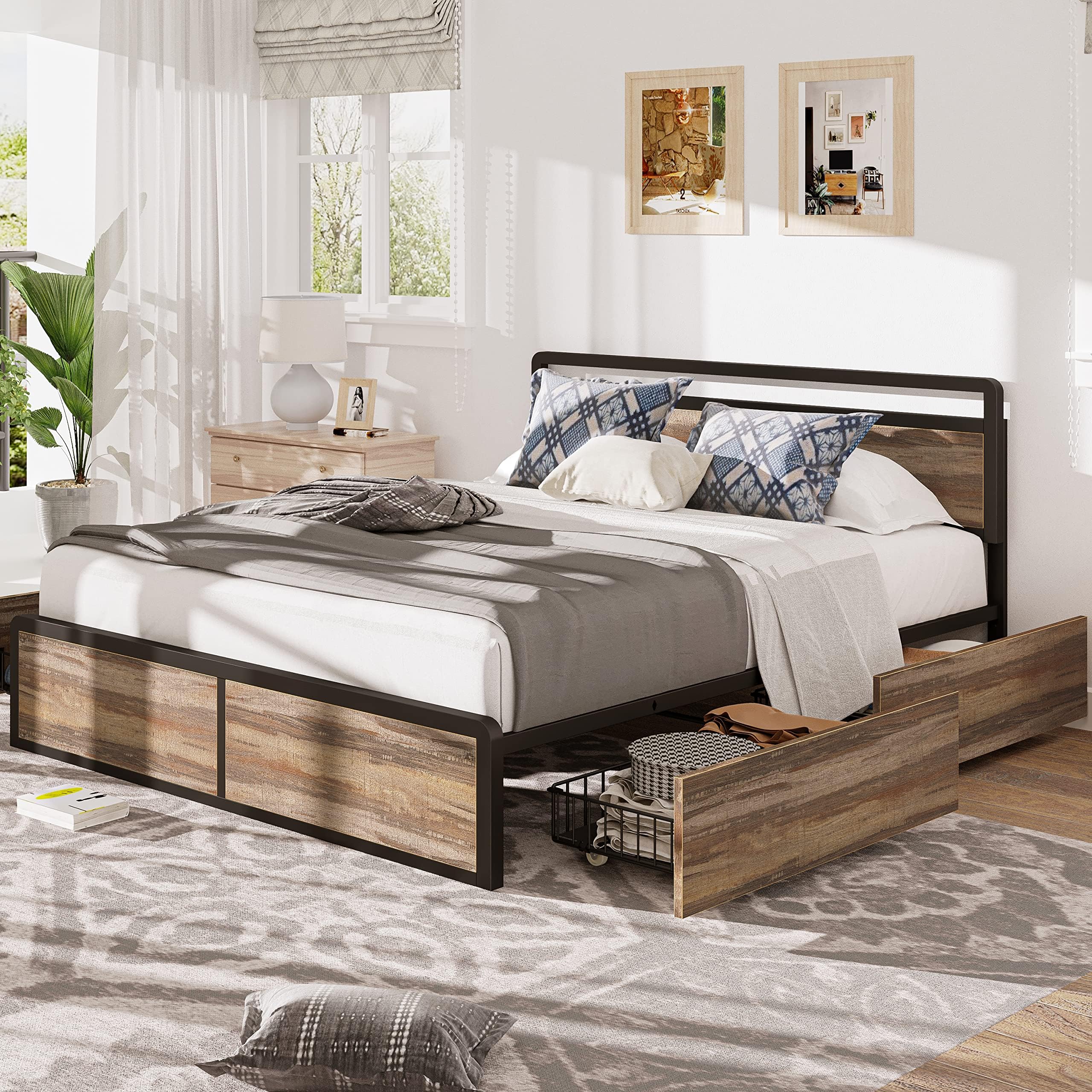 Amazon.com: LIKIMIO Queen Bed Frame with Storage, Adjustable Headboard ...