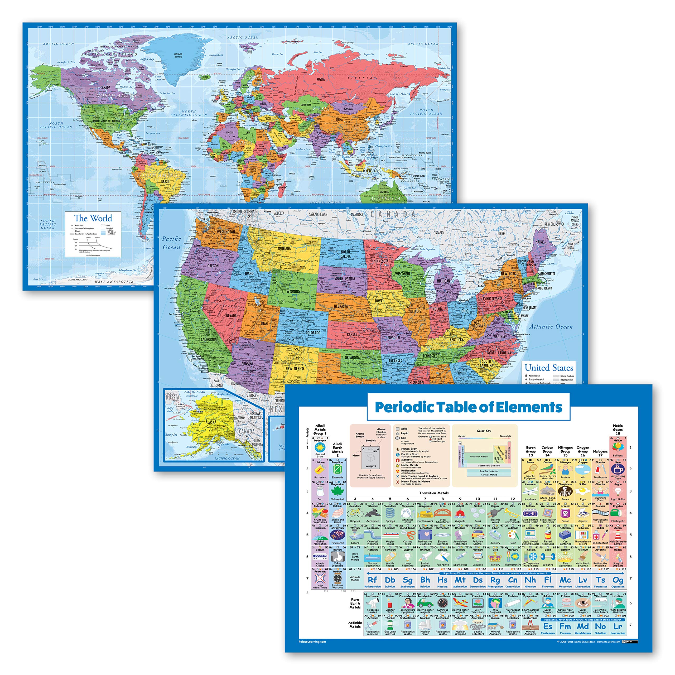 3 Pack - World & USA Map Poster Set + Periodic Table of The Elements ...