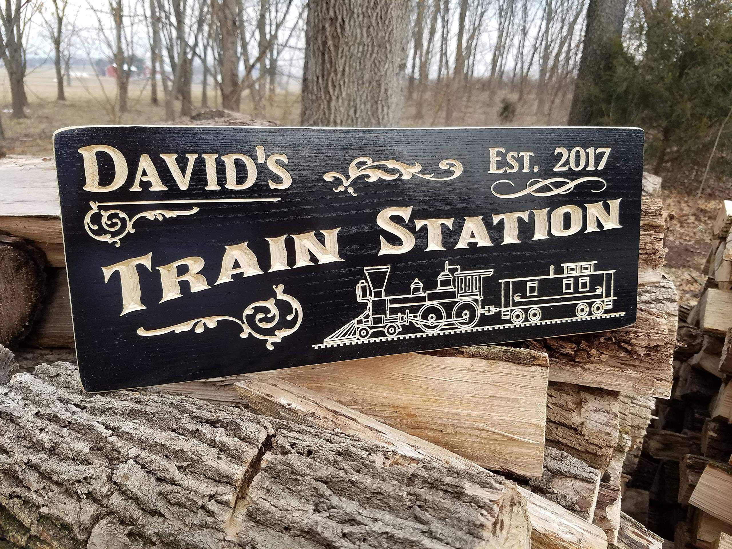 Buy Evan332Eddie Train Station Sign Personalized Wooden Railroad ...