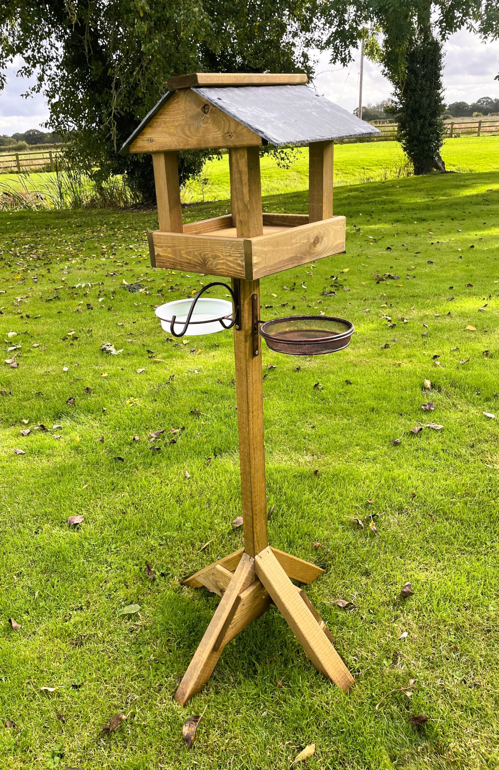 Wooden Wild Bird Table Feeding Station Water Dish and Mesh Feeder Slate ...