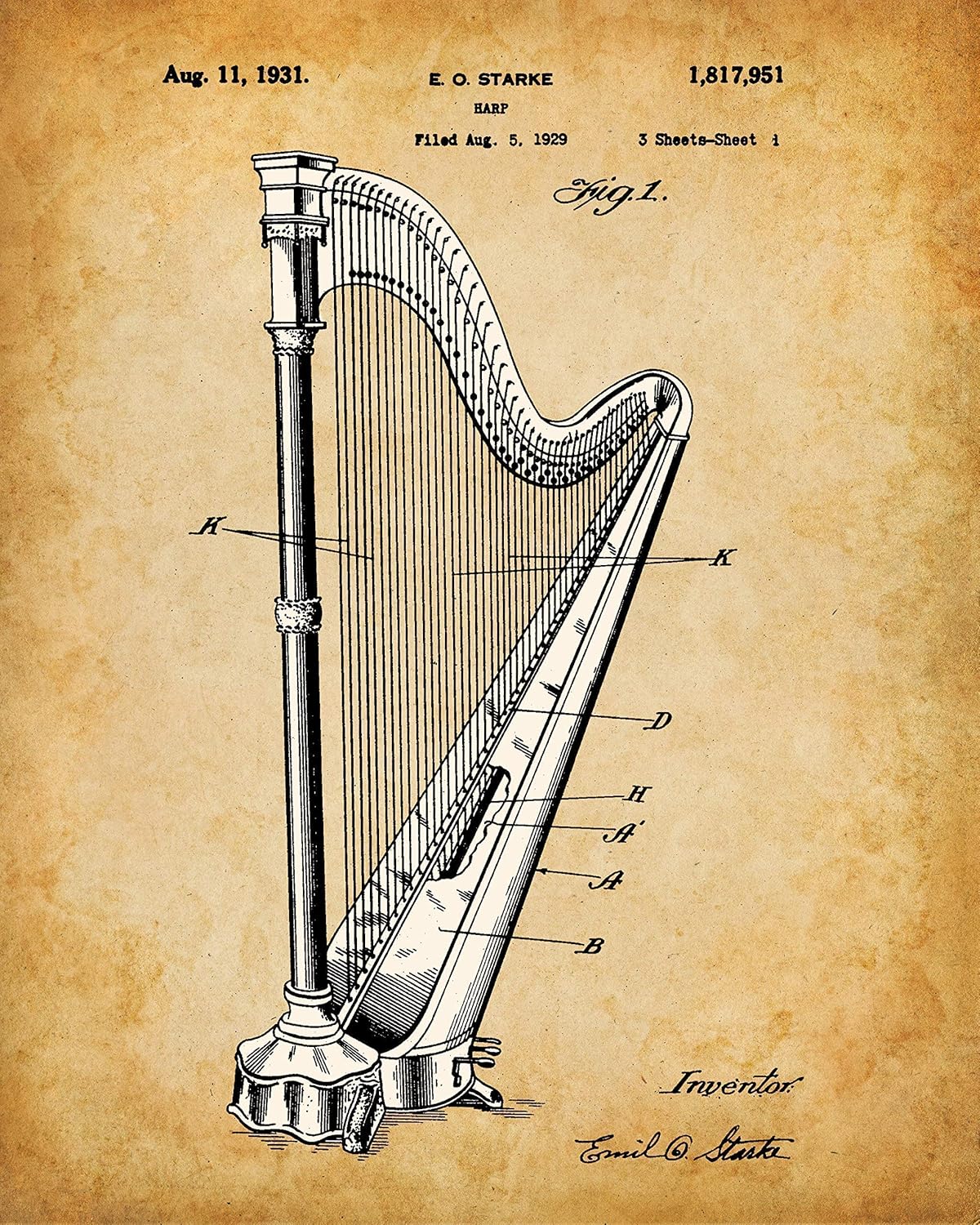 Amazon.com: Harp Patent Print - Vintage Music Room Decor, String ...