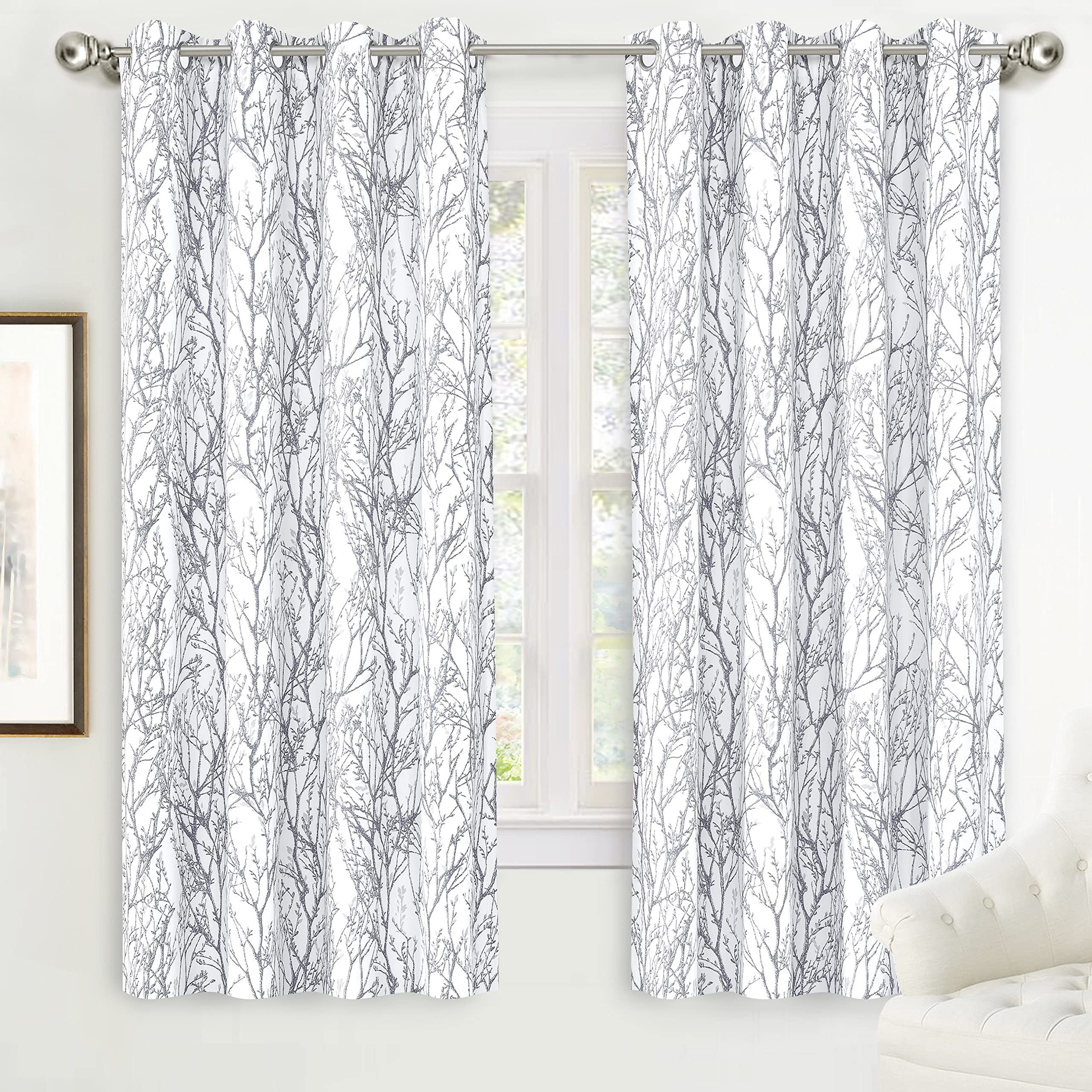 DriftAway Gray White Tree Branch Blackout Curtains for Bedroom 72" Long Grey Branch Lined Window ...