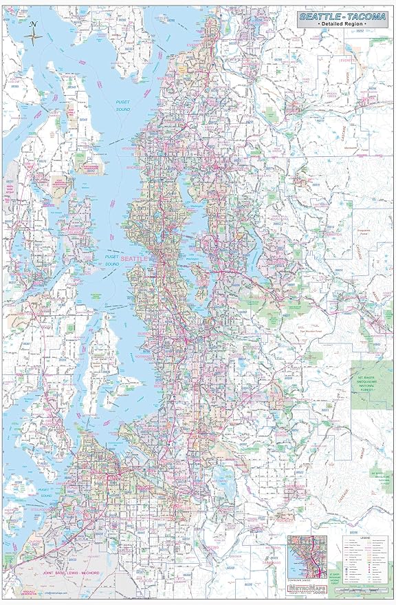 Greater Seattle-Tacoma Detailed Region Wall Map (44"x66") w/Zip Codes ...