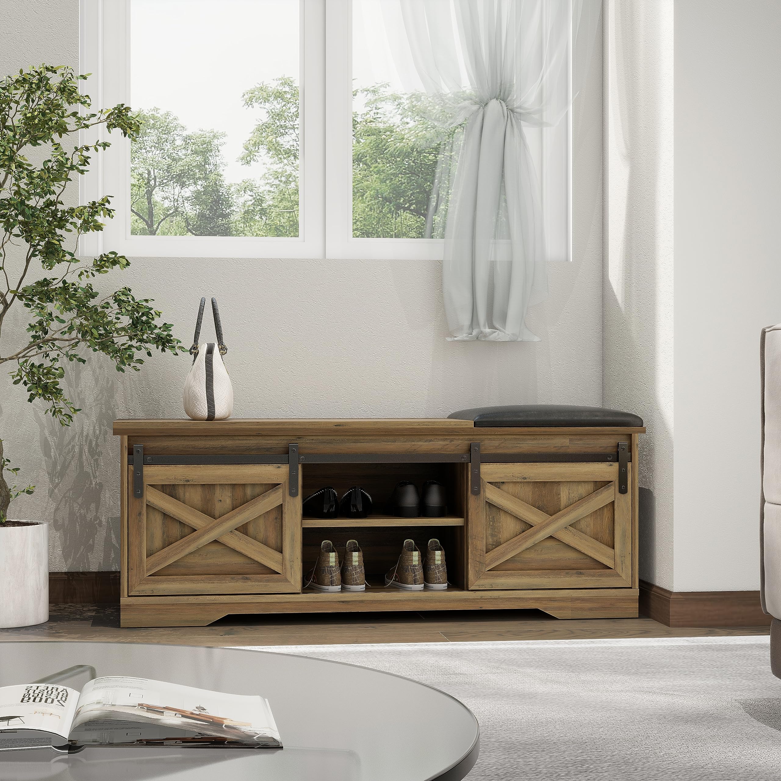 BAMACAR Farmhouse Entryway Bench with Shoe Storage, Brown, Wood, 47.24 ...