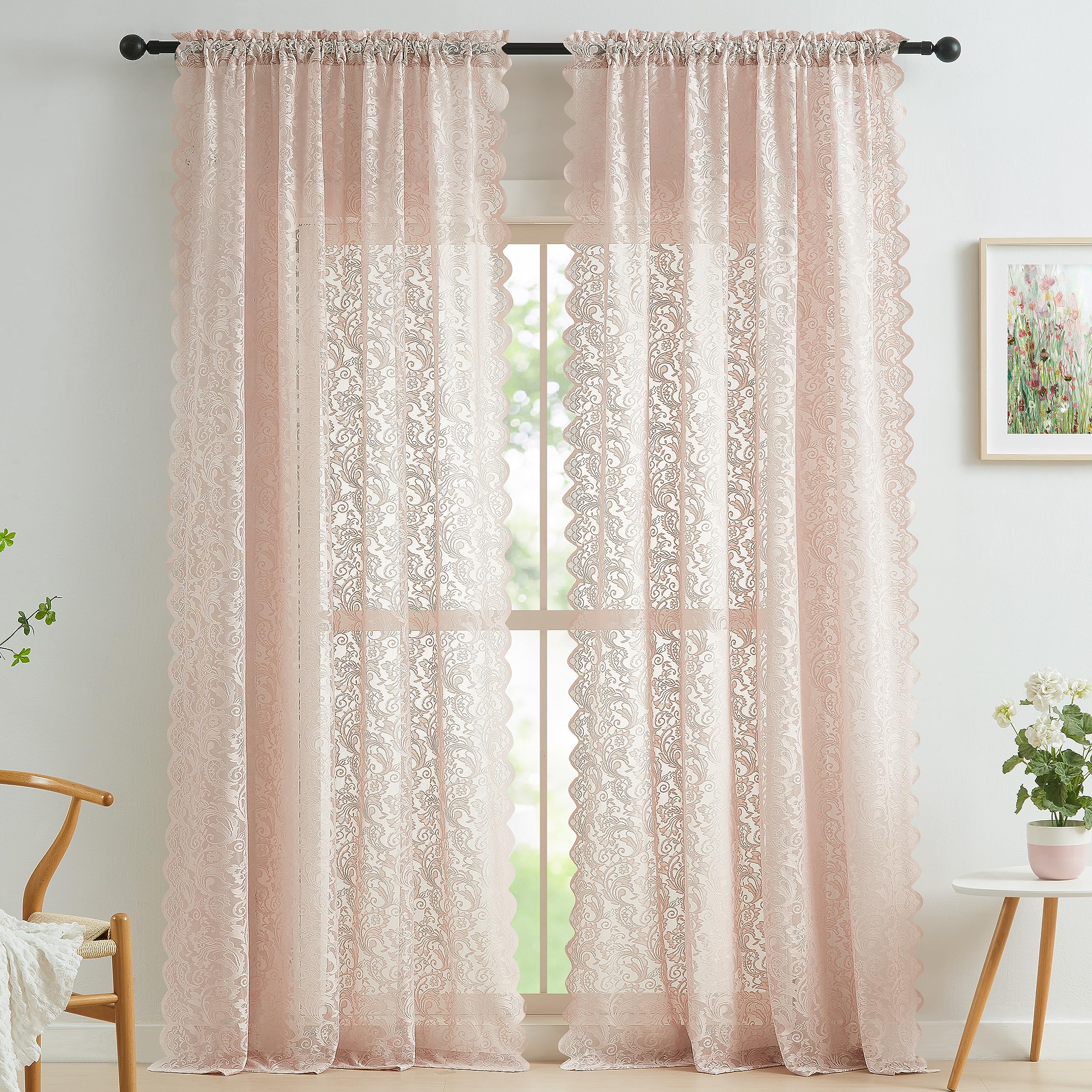 Amazon.com: Bujasso Pink Lace Sheer Curtains 84 inch Vintage Floral ...