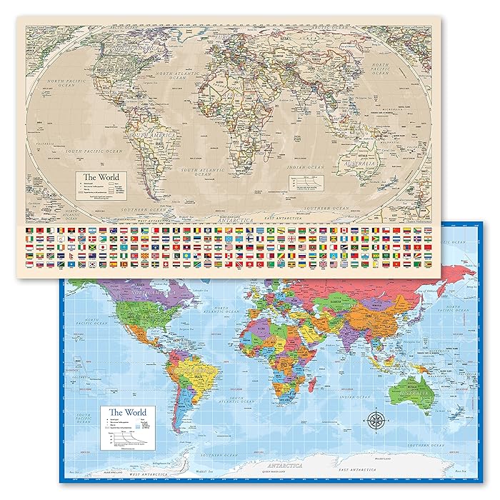 Buy 2 Pack - Equal Earth Antique World & World Map [Long Blue] - Equal ...