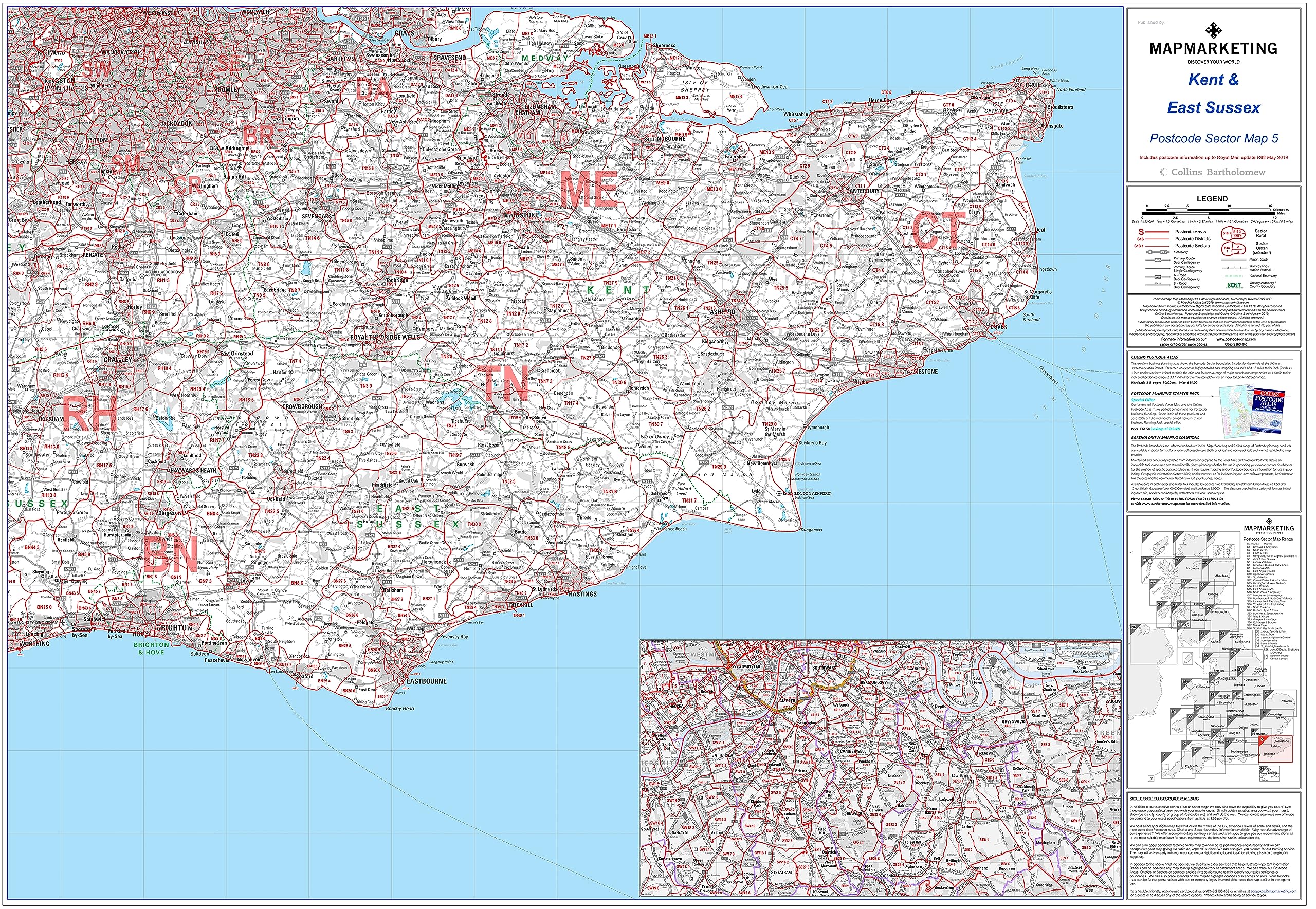 Kent And East Sussex Postcode Sector Wall Map- Postcode Sector Map 5 ...