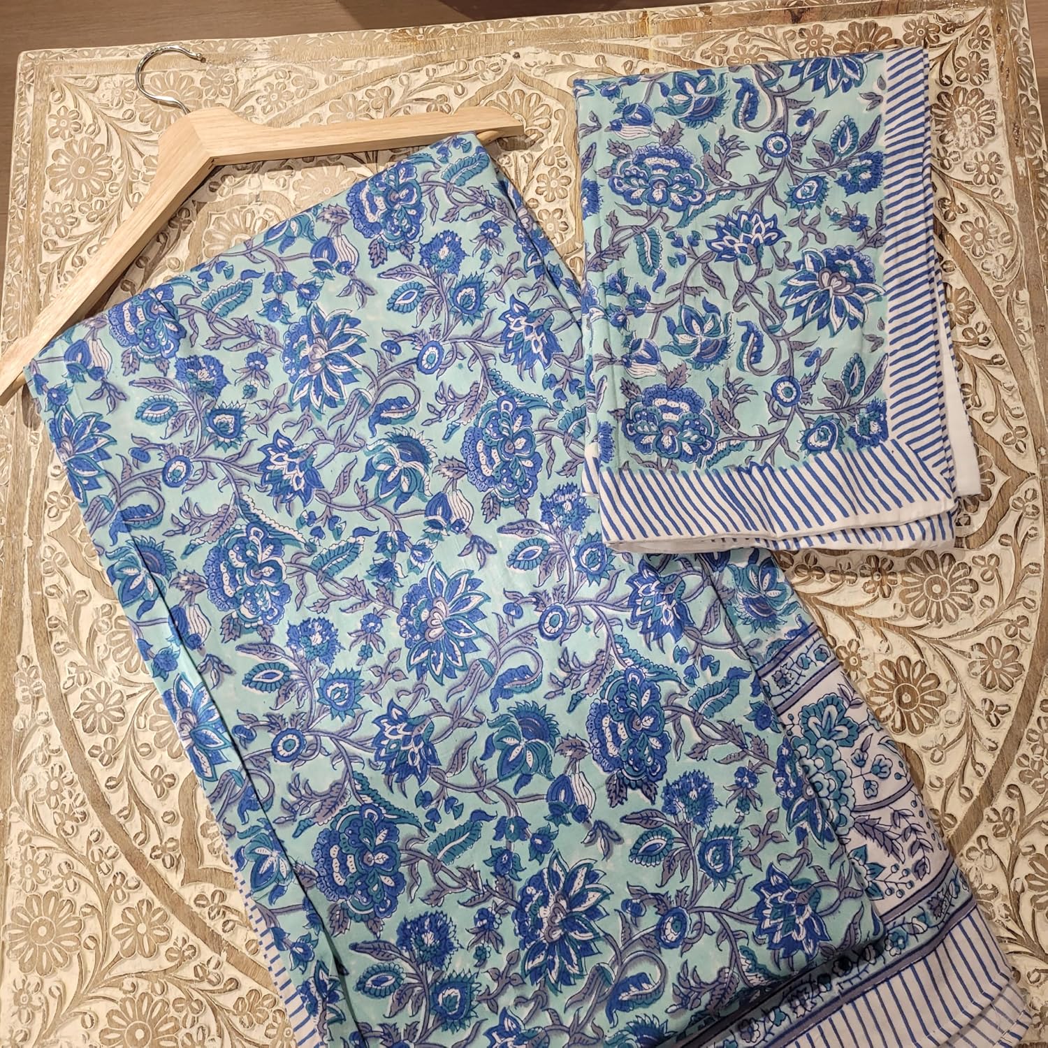 Amazon.com: Pure Cotton Blue Floral Design Block Printed Bed Sheets ...