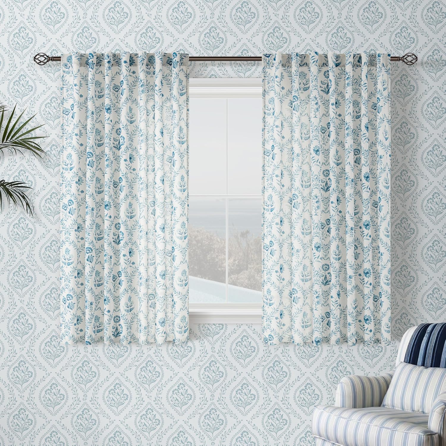 Rideaux courts en lin à motif floral bleu de 114 cm de long pour ...