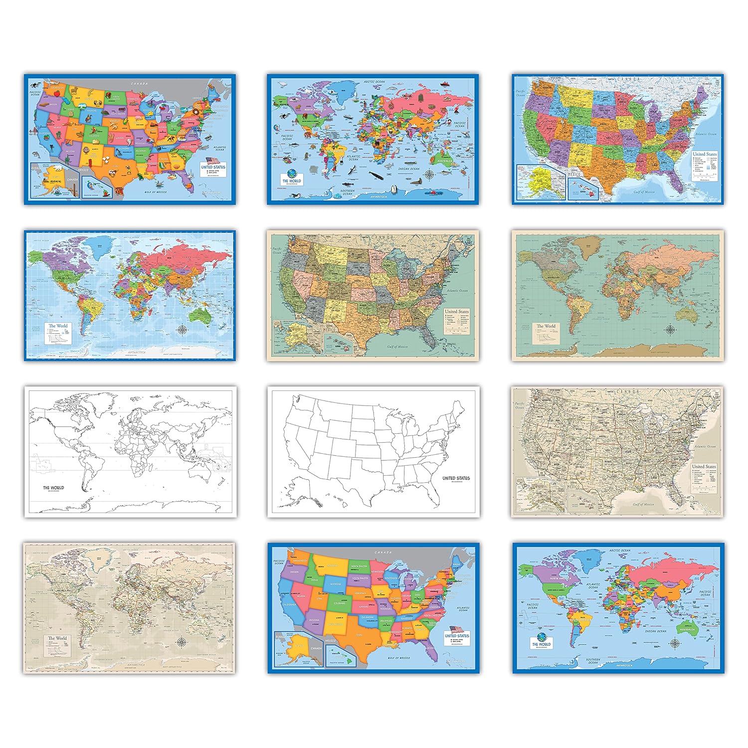 Amazon.com : 12 Pack - World Map & USA Map Poster Set - 18" x 29 ...