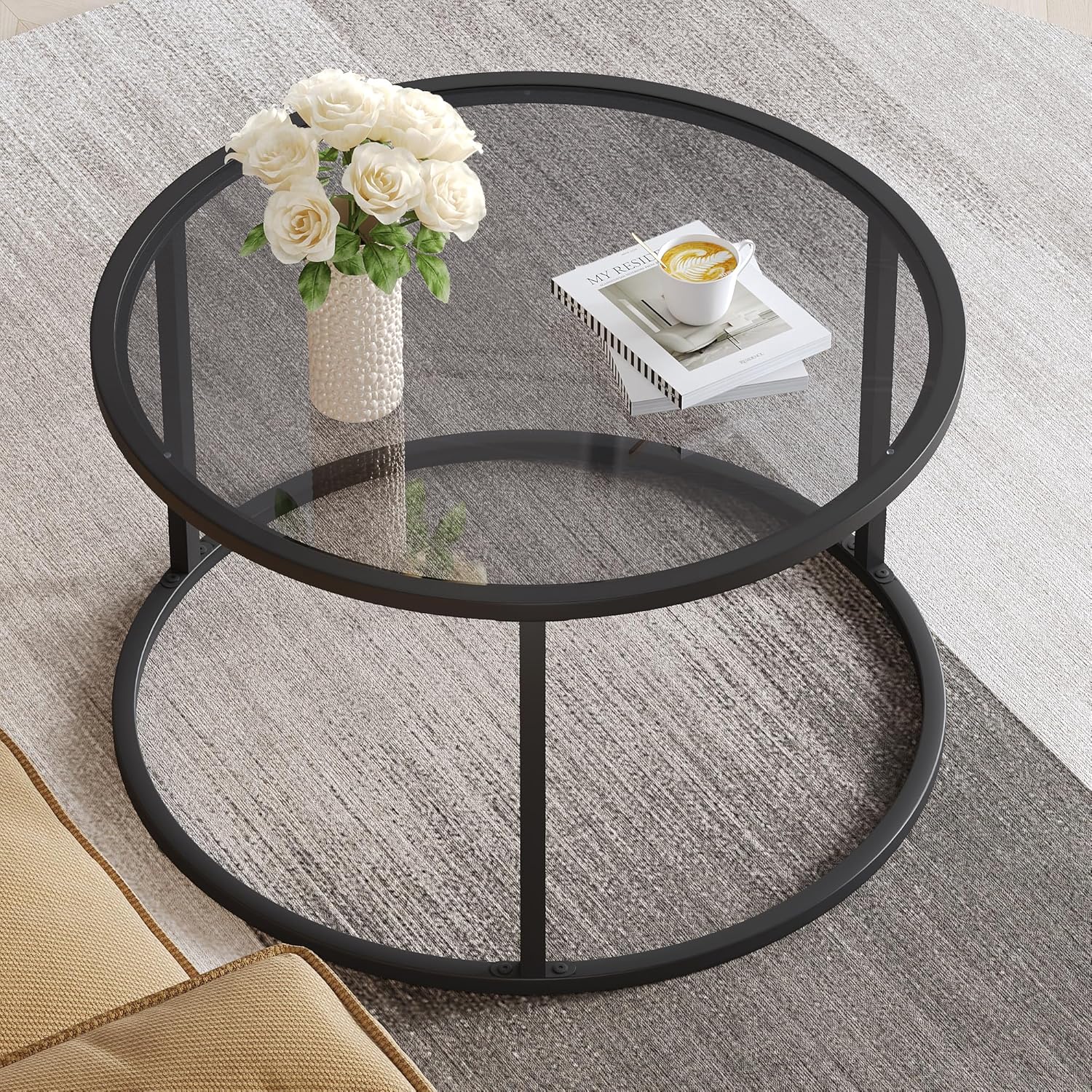 SAYGOER Round Coffee Table Glass Coffee Tables for Small Space Simple ...