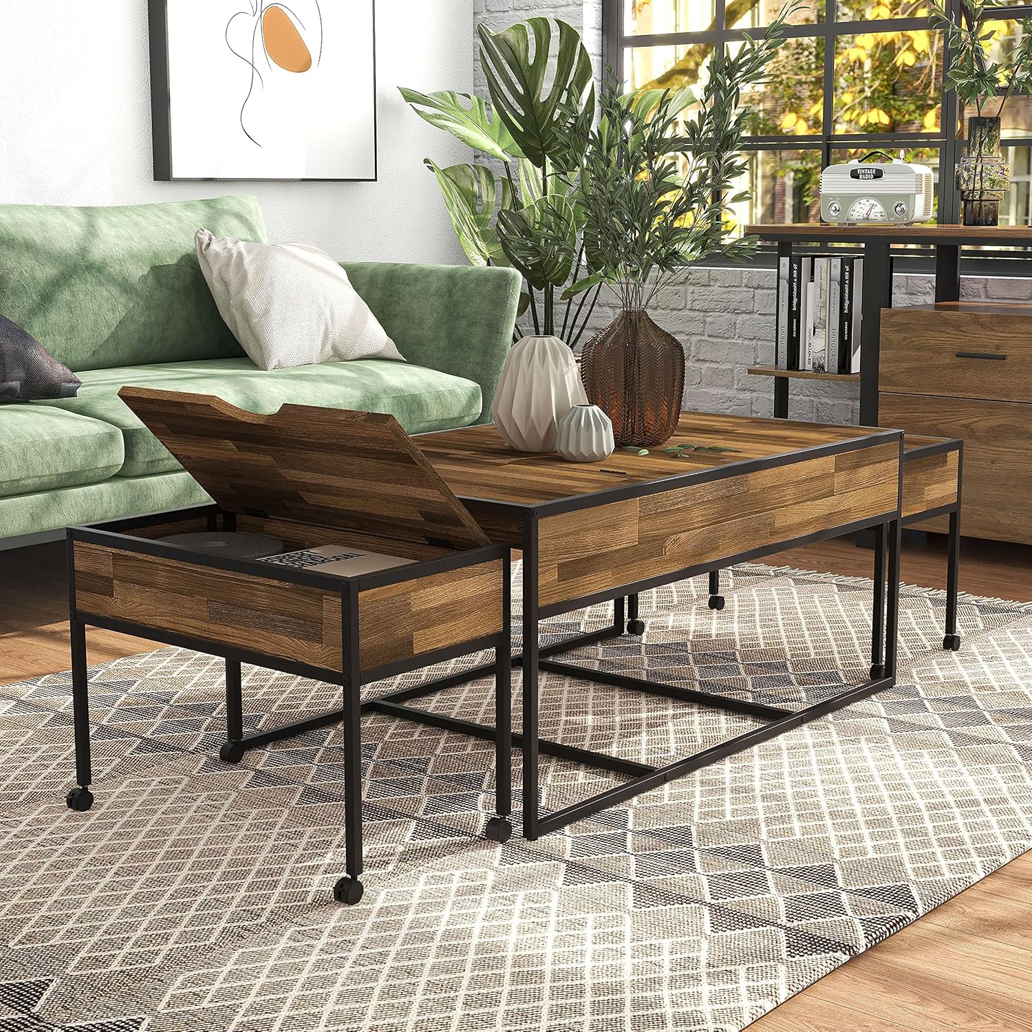 Amazon.com: Brown 3-Piece Storage Nesting Table Set Modern Contemporary ...