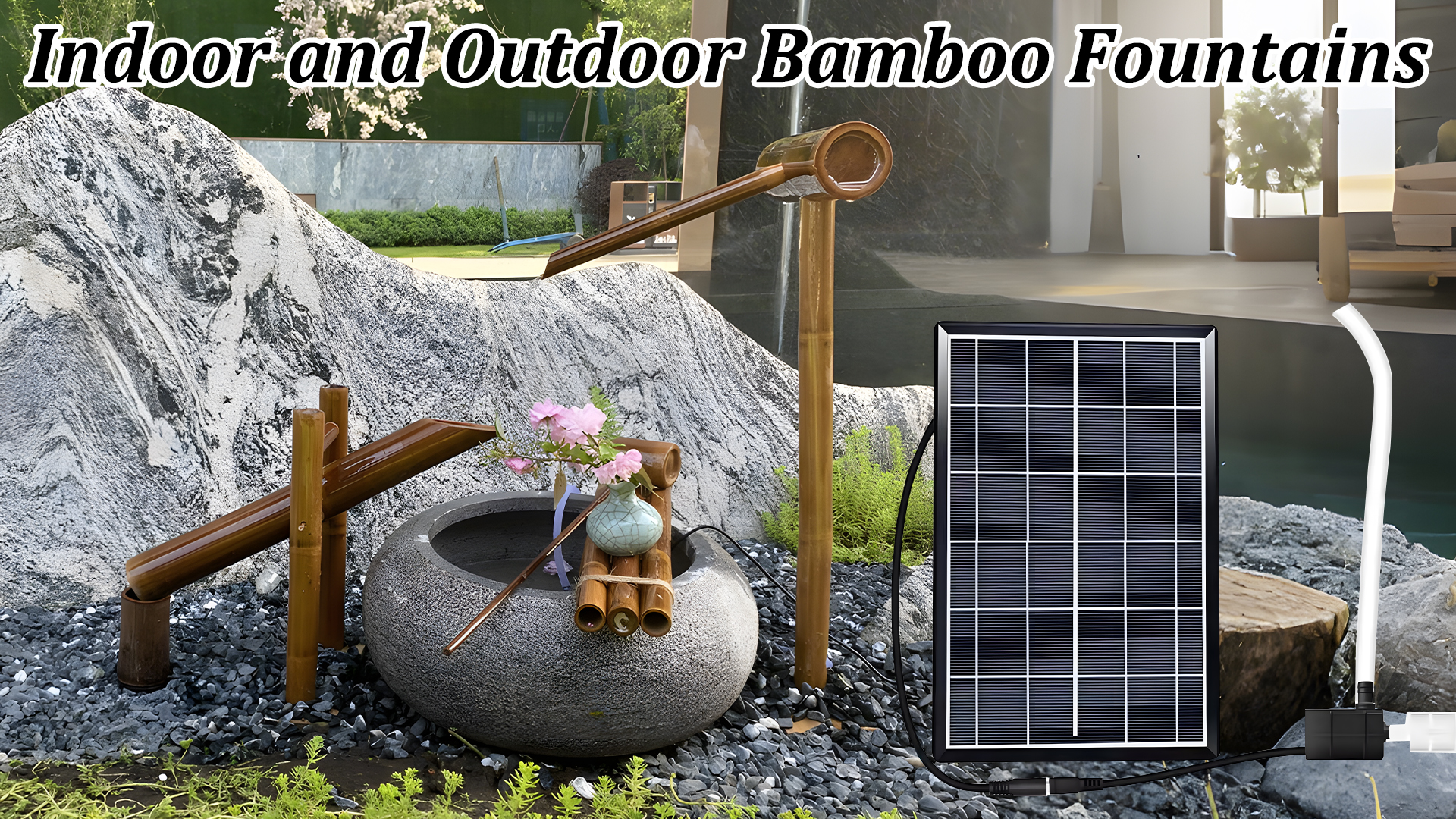 Japanese Bamboo Fountain 16" Solar Water Fountain With Pump, Outdoor ...