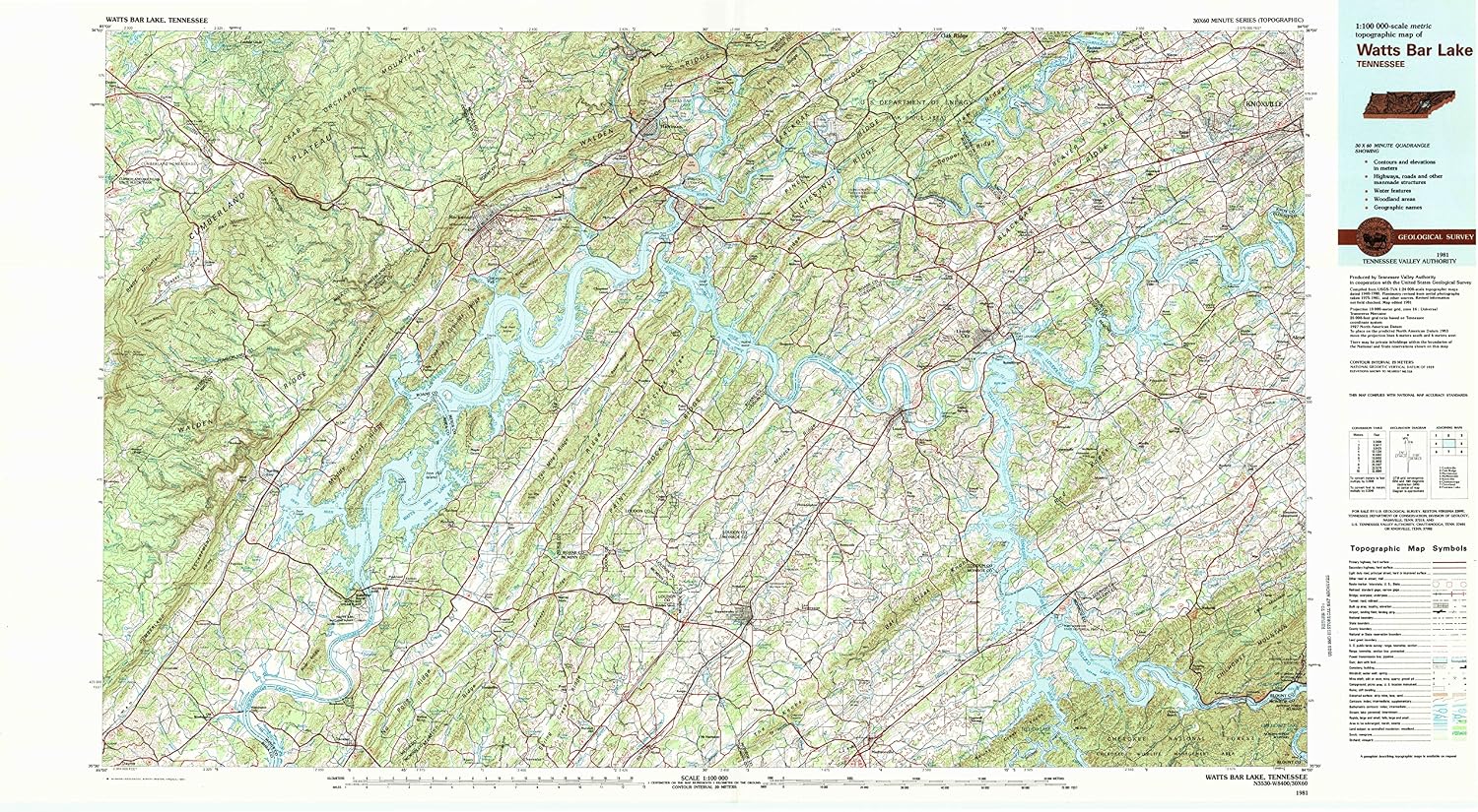 Amazon.com : YellowMaps Watts Bar Lake TN topo map, 1:100000 Scale, 30 ...