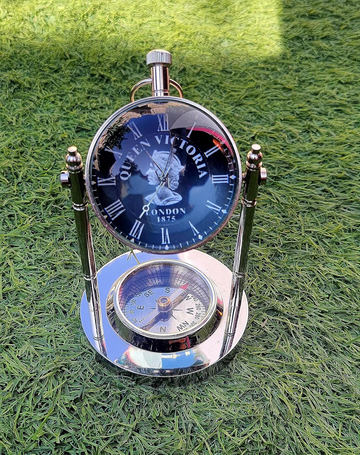 FamousHub| Vintage Brass Table Clock with Compass, Shelf Desk Top Clock ...