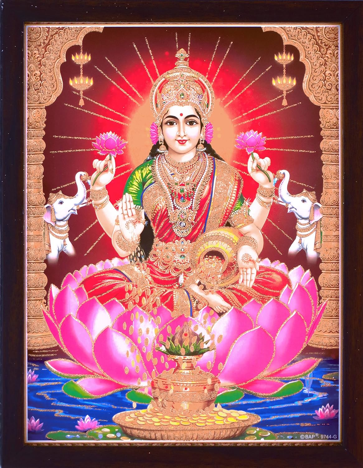 Goddess Laxmi sitting on lotus flower and showering money with flower ...