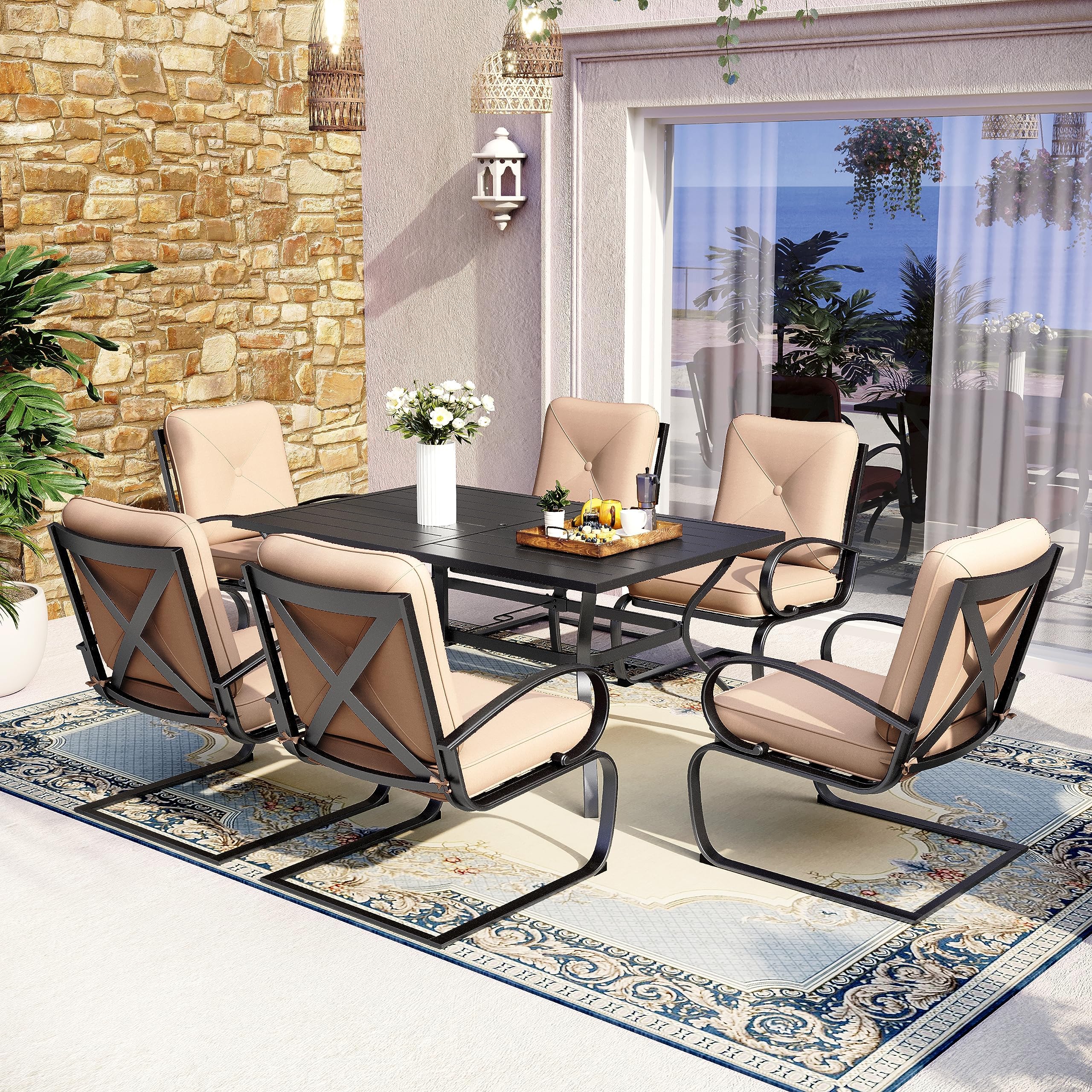 Amazon.com: MFSTUDIO 7 Piece Outdoor Patio Dining Set with 6 Spring ...