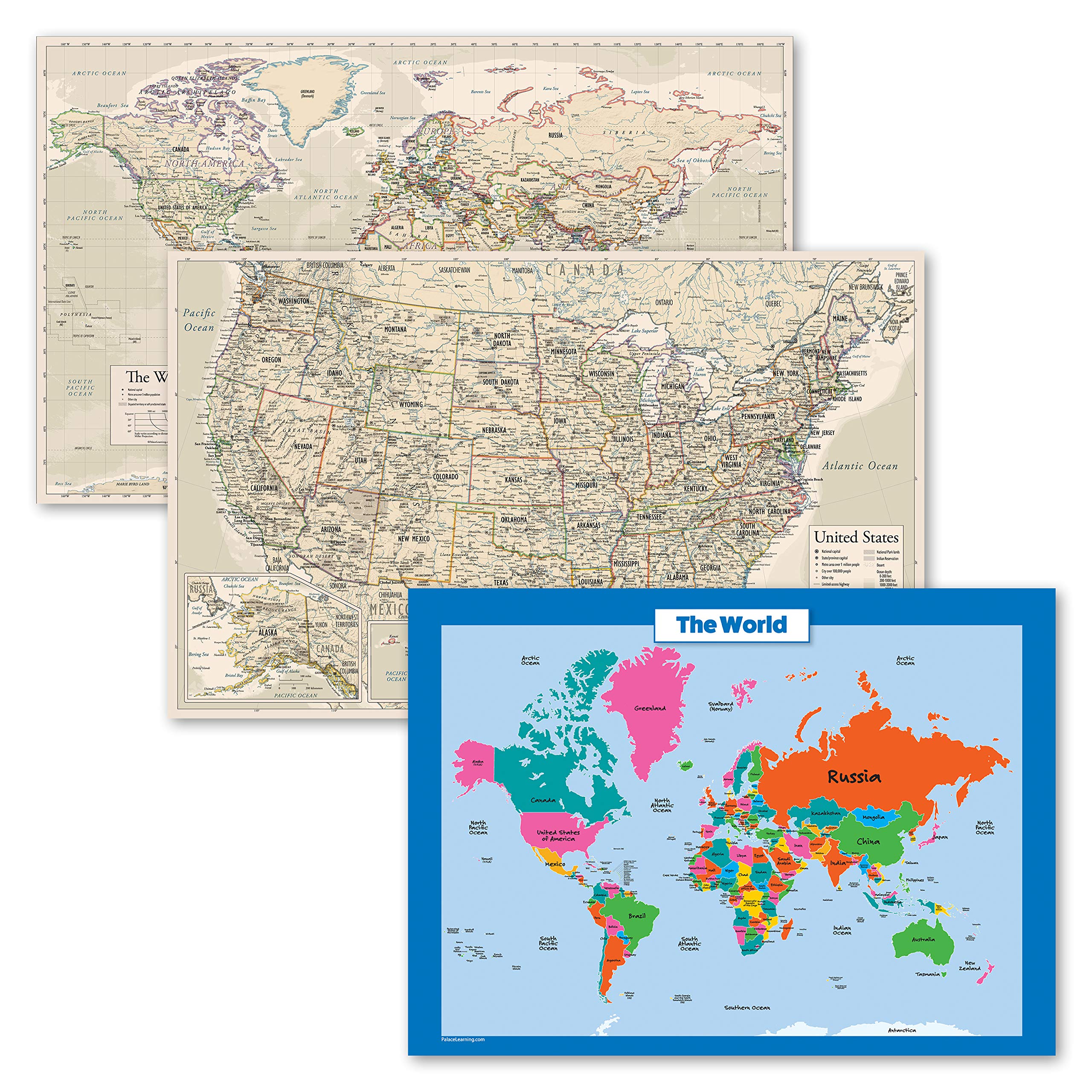 Buy 3 Pack - Antique Style World & USA Set + World Chart for Kids ...