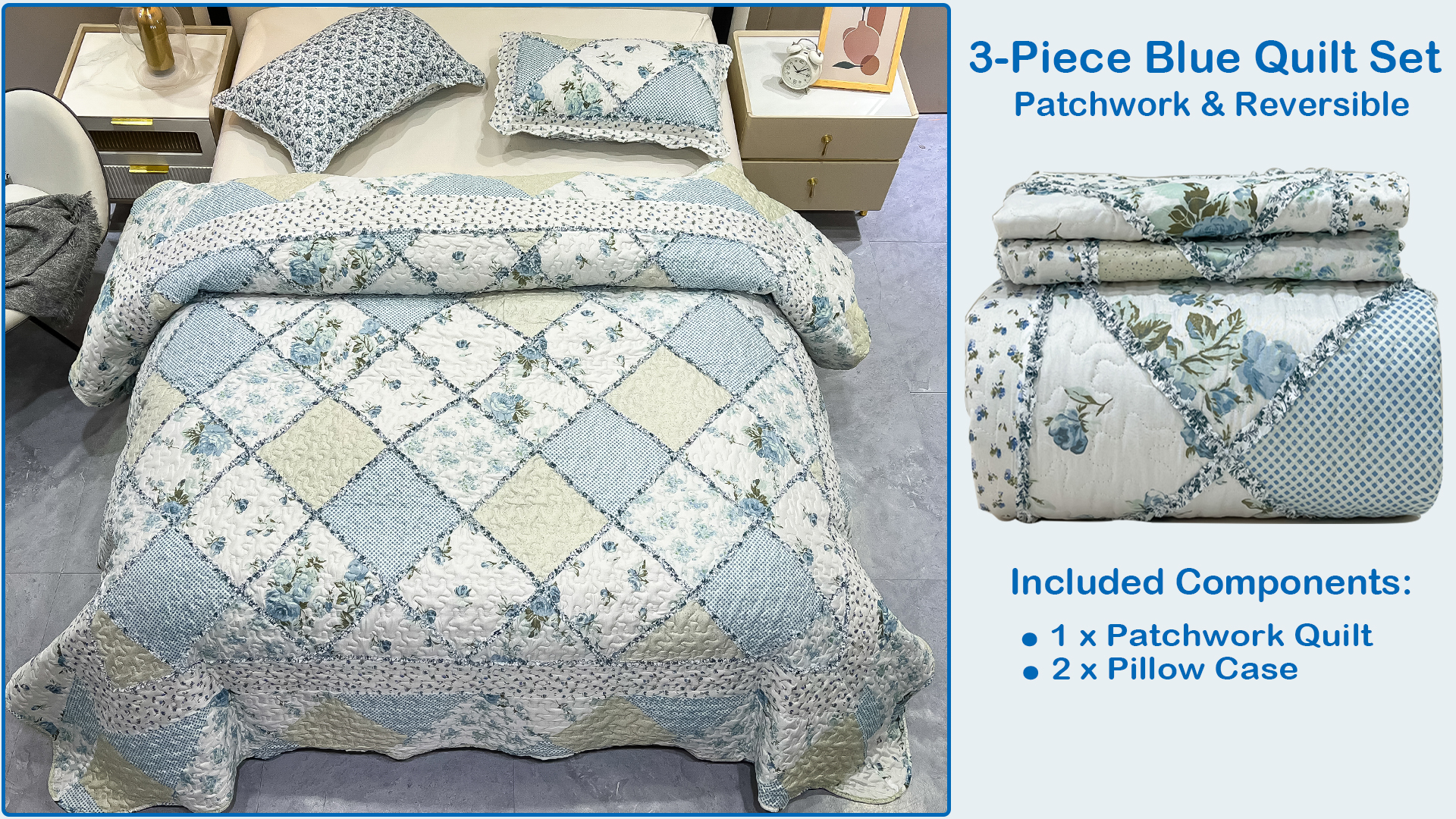 Watch 3-Piece Blue Patchwork Quilt Set on Amazon Live