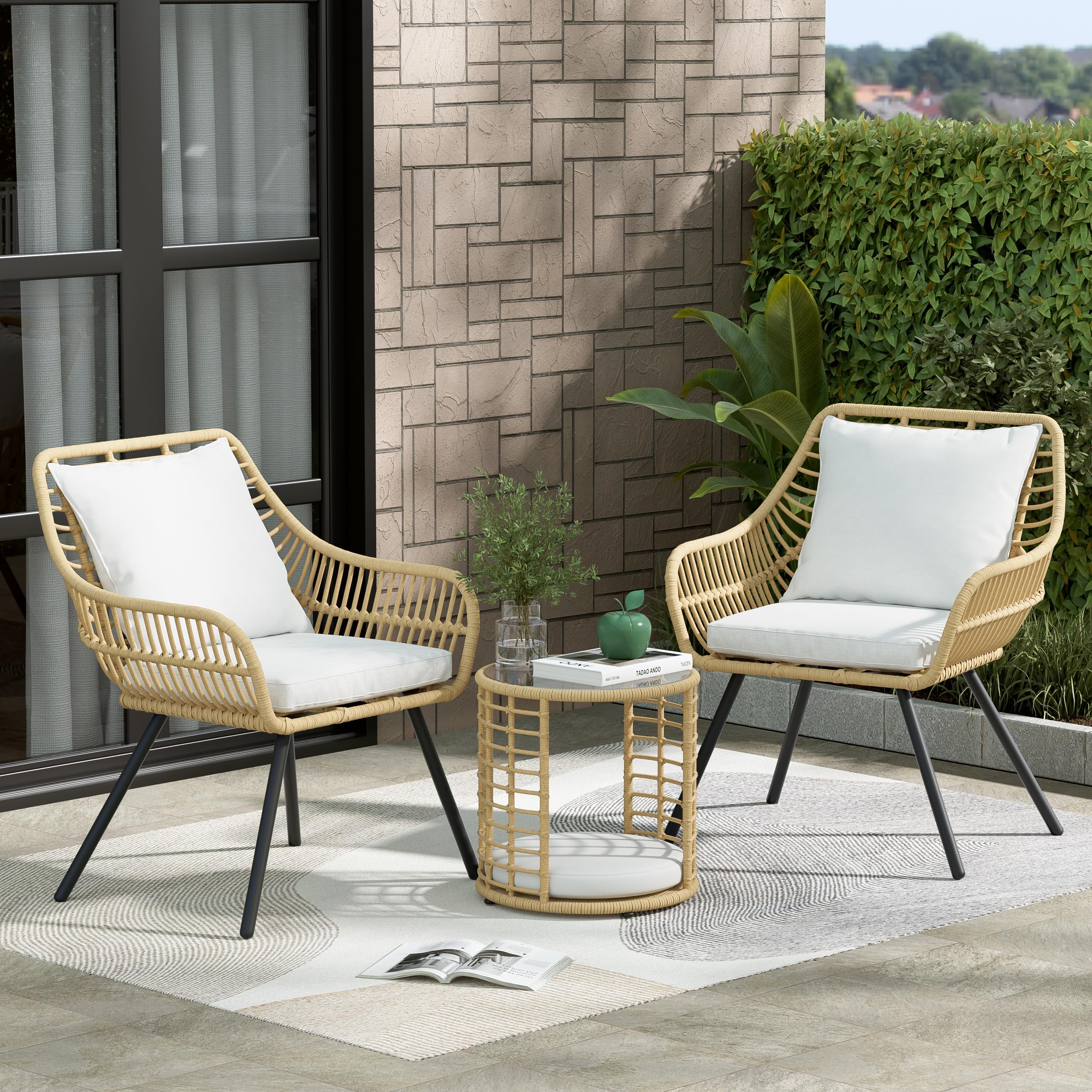 Amazon.com: 3 Piece Rattan Patio Bistro Set,Outdoor Wicker Furniture with 2 Chairs and Glass Top ...