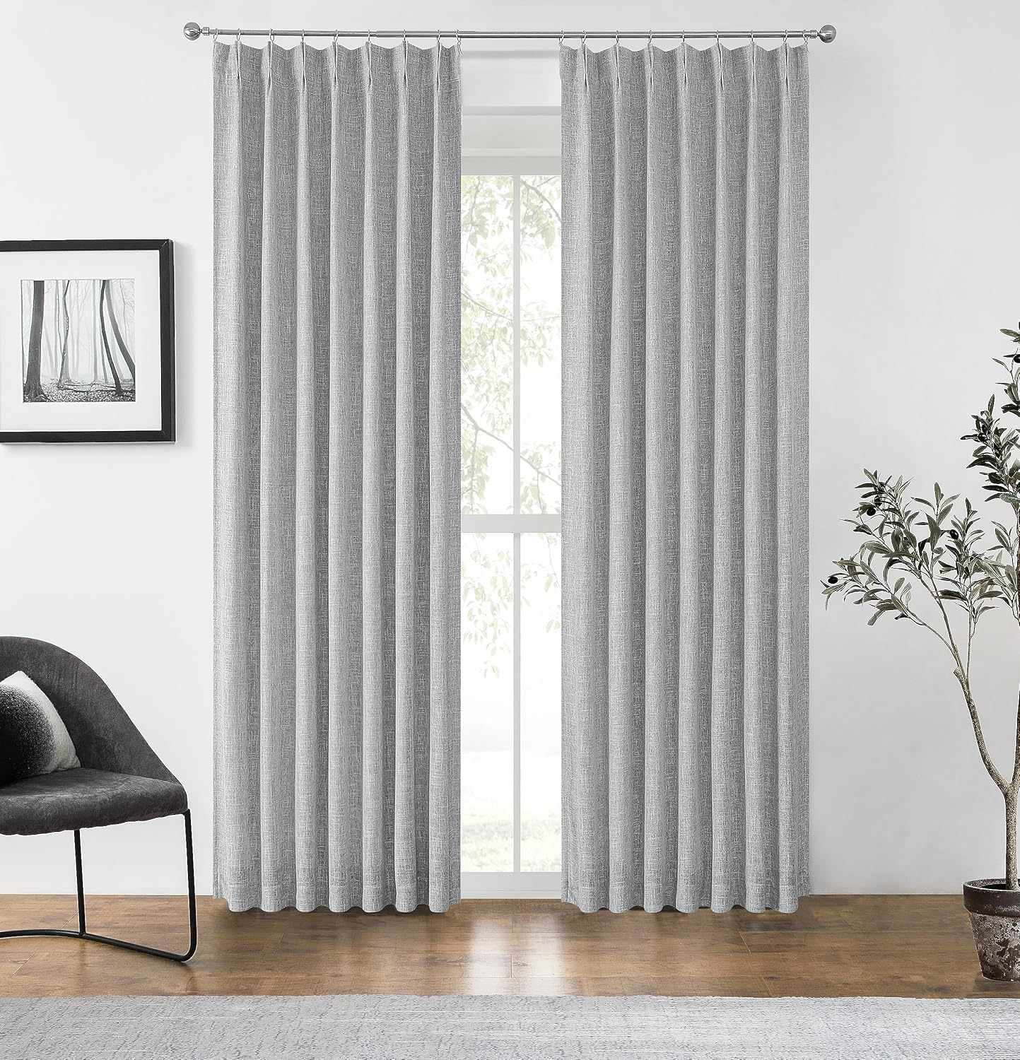 Amazon.com: Grey Pinch Pleated Blackout Curtain Panel with Full Blackout Liner Linen Texture ...