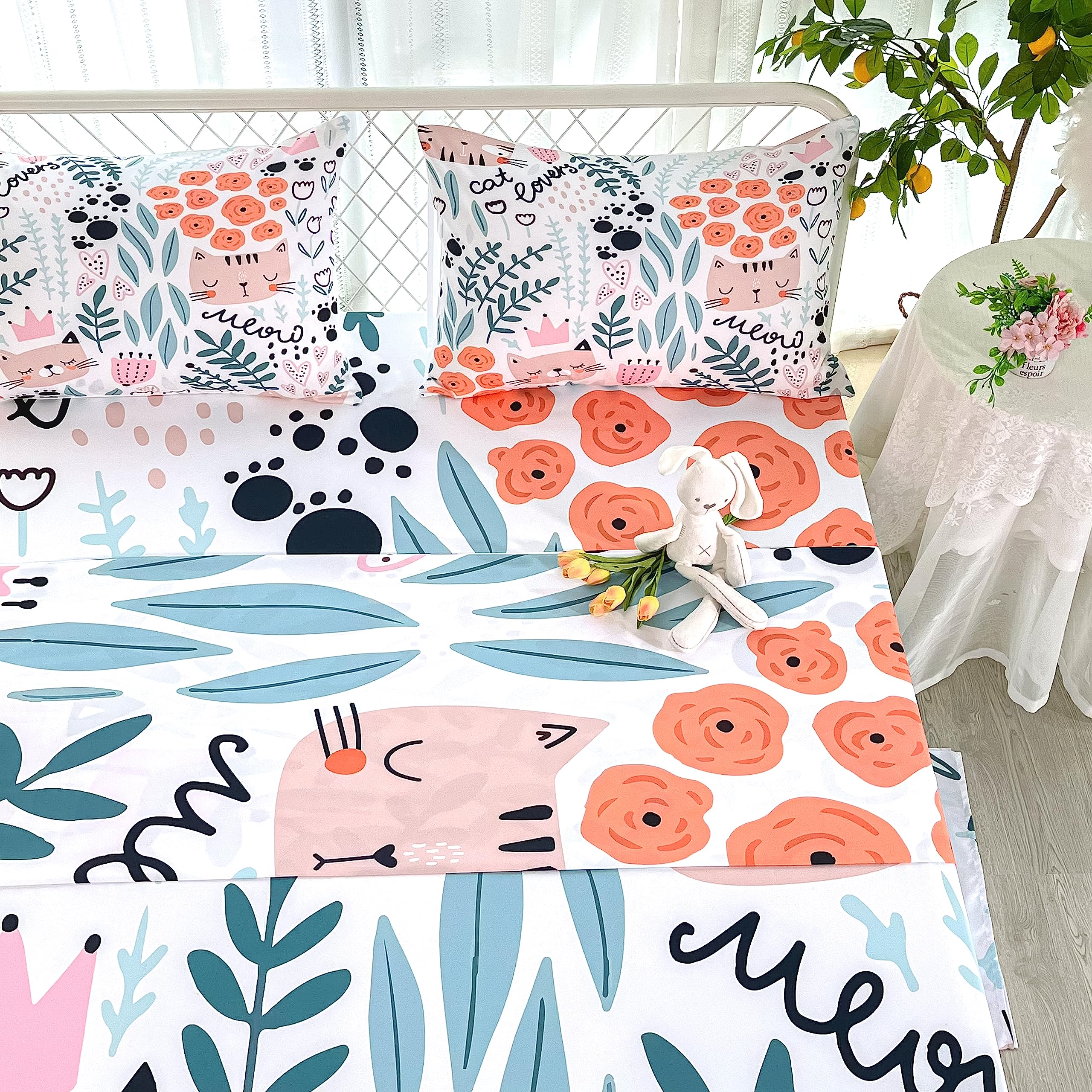 CVHOUSE Cat Fitted Sheet Twin Size,Cartoon Cat Bed Sheet Set for Kids ...