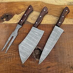 Amazon.com: Handmade Damascus 3 Pieces Turkey Carving Knife Set ...