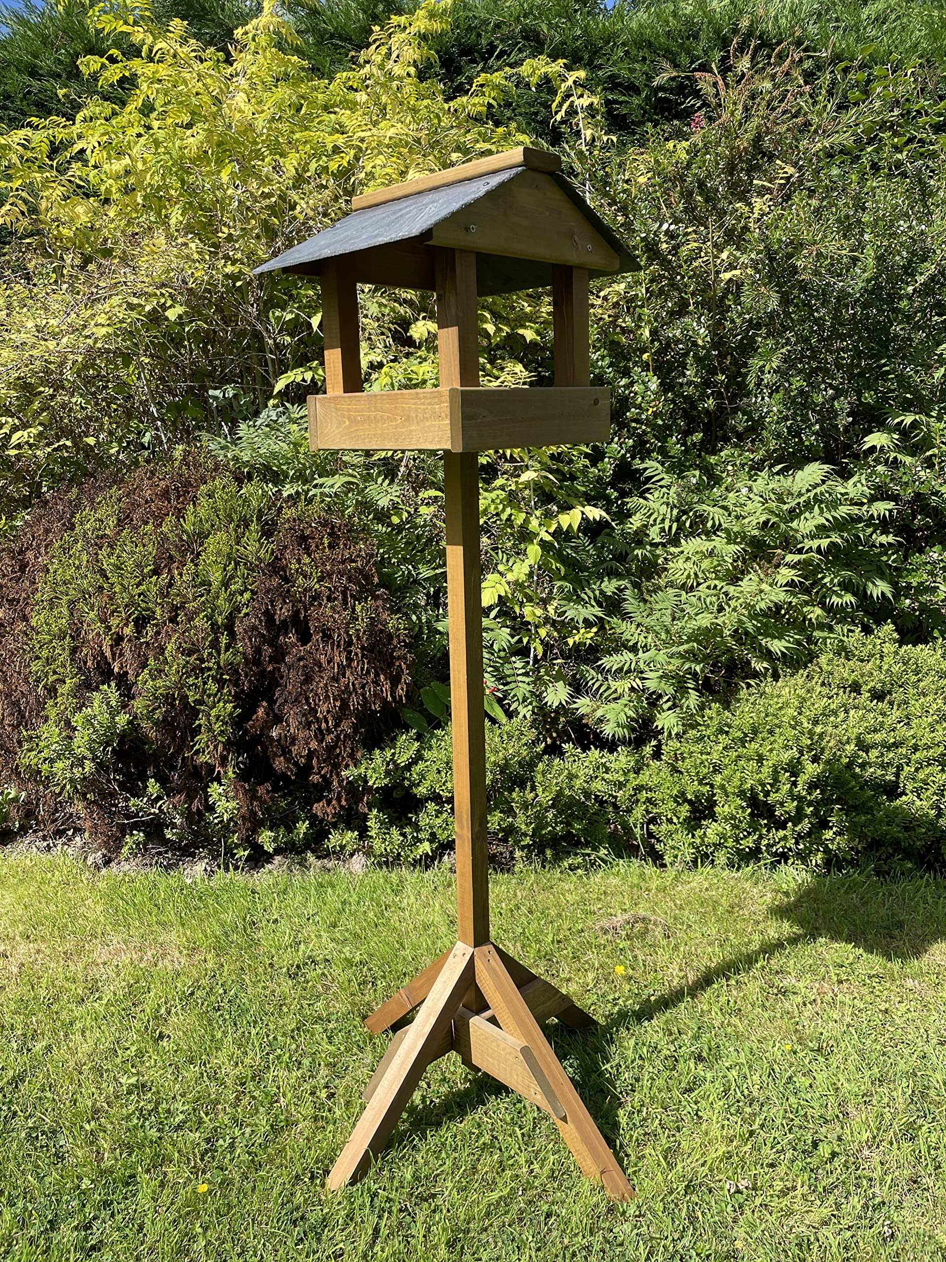 Wooden Bird Table Slate Roof Garden Wood Birds Feeding Station Table ...